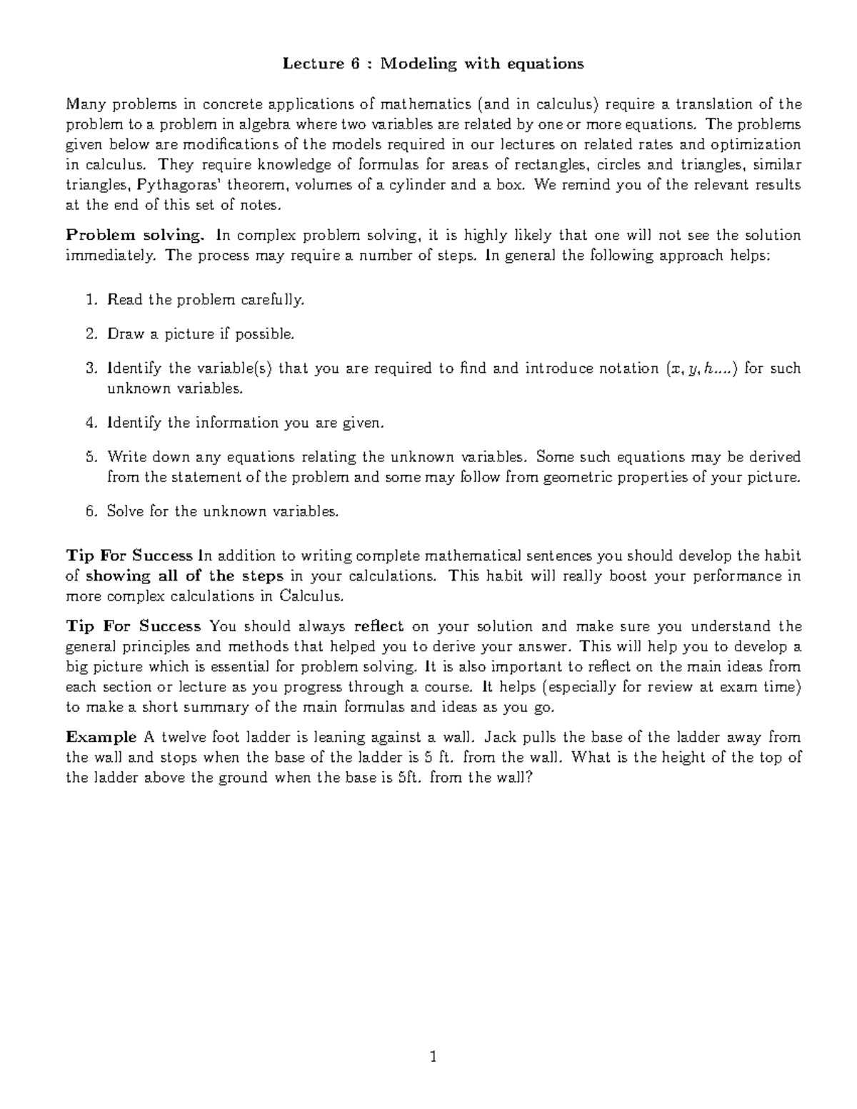 Precalculus Lecture 6 Modeling With Equations Lecture 6 Modeling