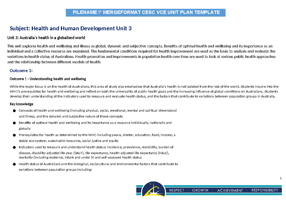 HHD Unit 3 and 4 CESC Unit Planner 2023 - Subject: Health and Human ...