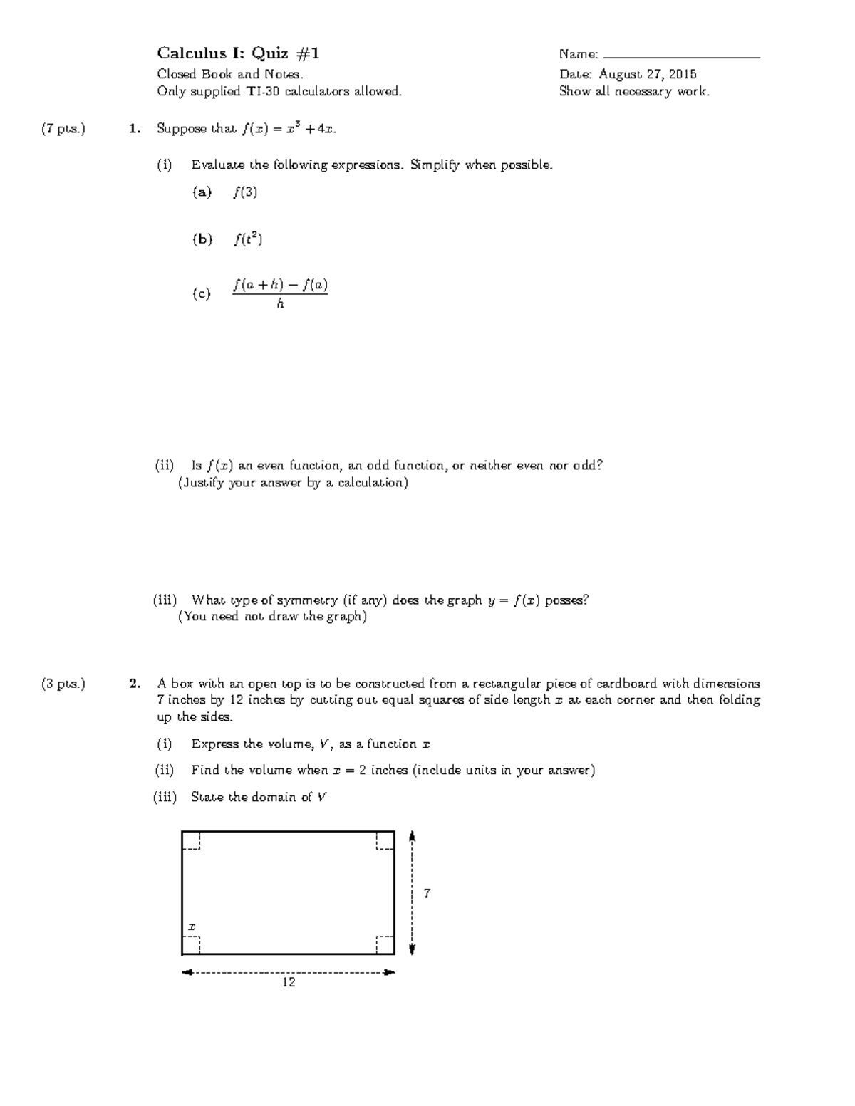 Quiz1 - Quiz - Calculus I: Quiz #1 Name: Closed Book and Notes. Date ...