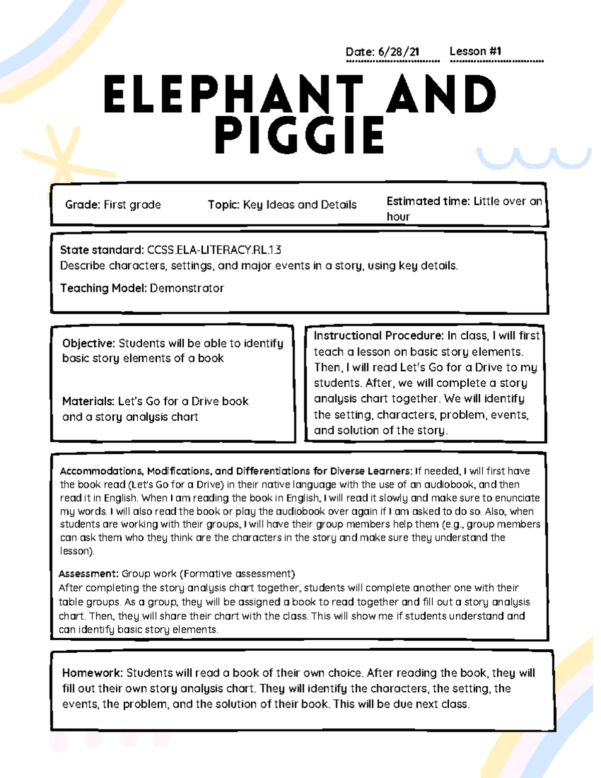 Blank Print-friendly Rainbows Lesson Plan - Lesson # ELEPHANT AND ...