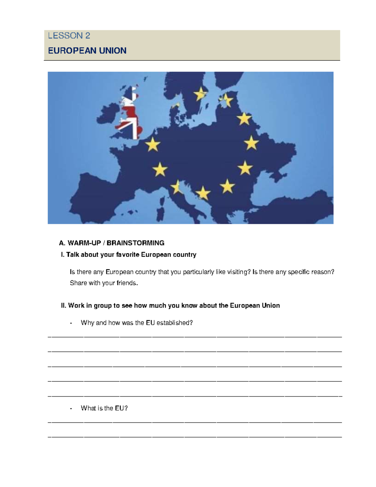Lesson II (4 student) - LESSON 2 EUROPEAN UNION A. WARM-UP ...