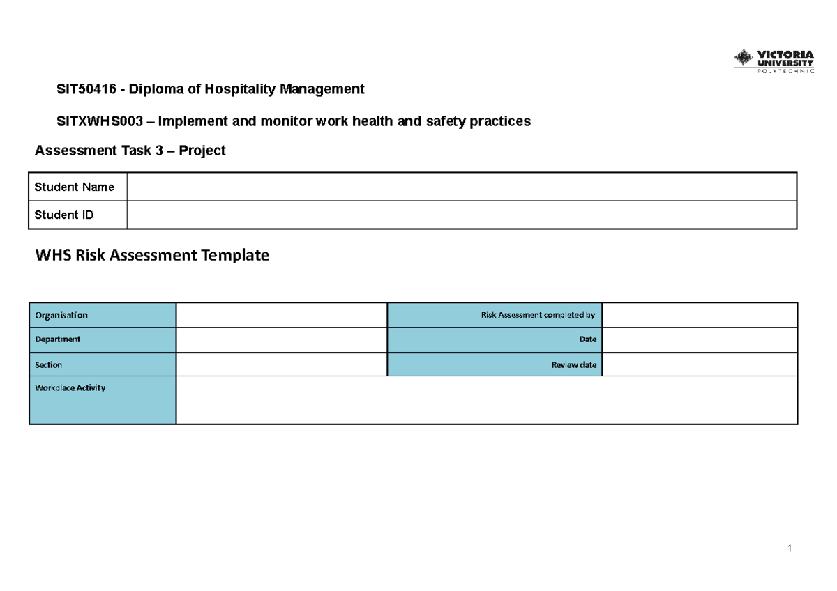 Final Risk Assessment Template - SIT50416 - Diploma of Hospitality ...