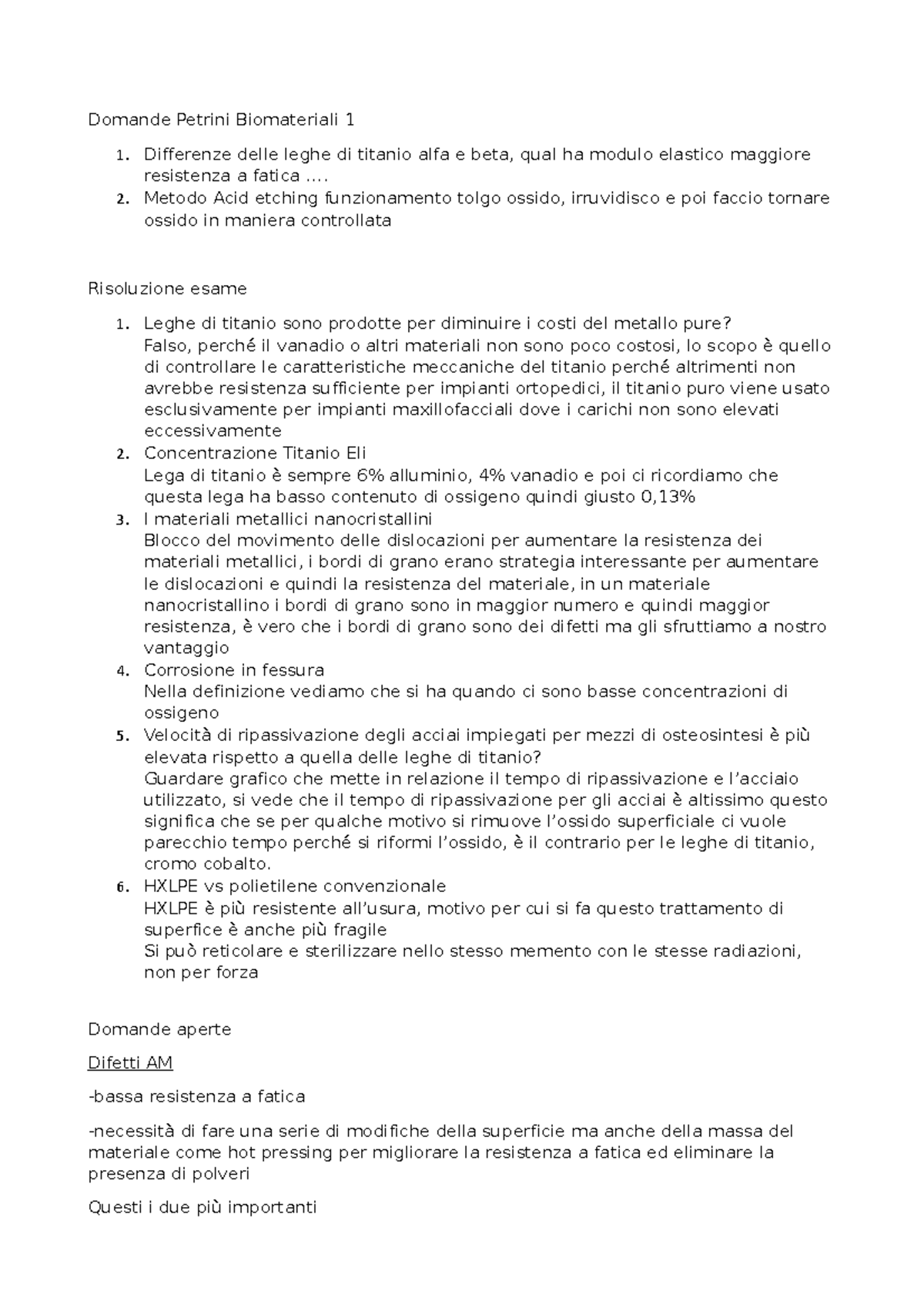 Soluzioni esame Biomateriali fac simile Petrini - Domande Petrini ...