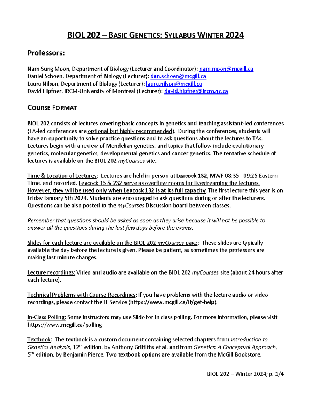 Biology 202 Syllabus 2024 - Copy - BIOL 202 – BASIC GENETICS: SYLLABUS ...