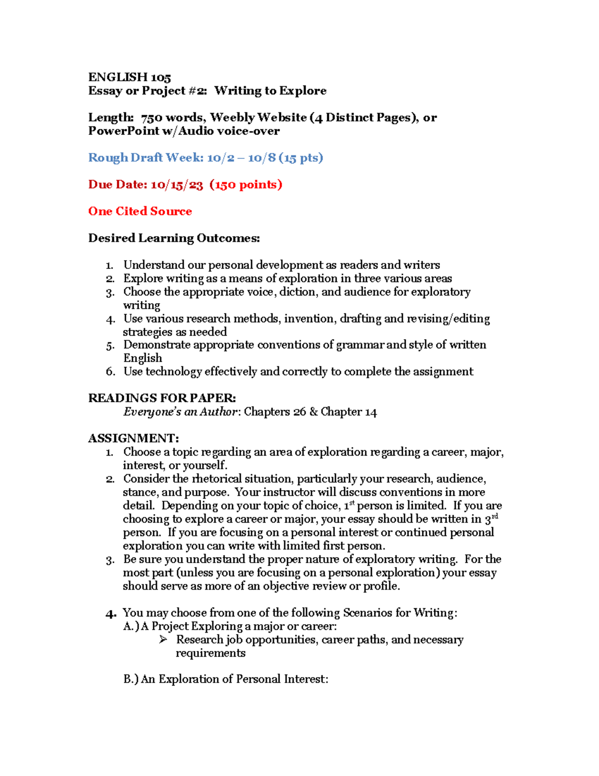 105 Writing to Explore Assignment Sheet - ENGLISH 105 Essay or Project ...