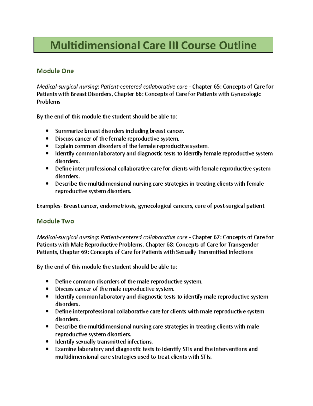 MDC III outline to read ahead - Multidimensional Care III Course ...