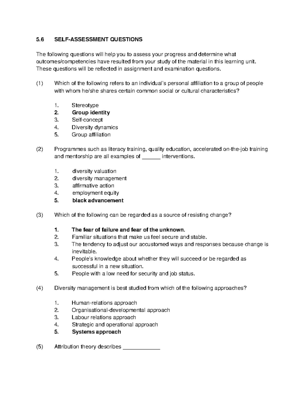 Self Assessement Learning Unit 5Feedback - 5 SELF-ASSESSMENT QUESTIONS ...