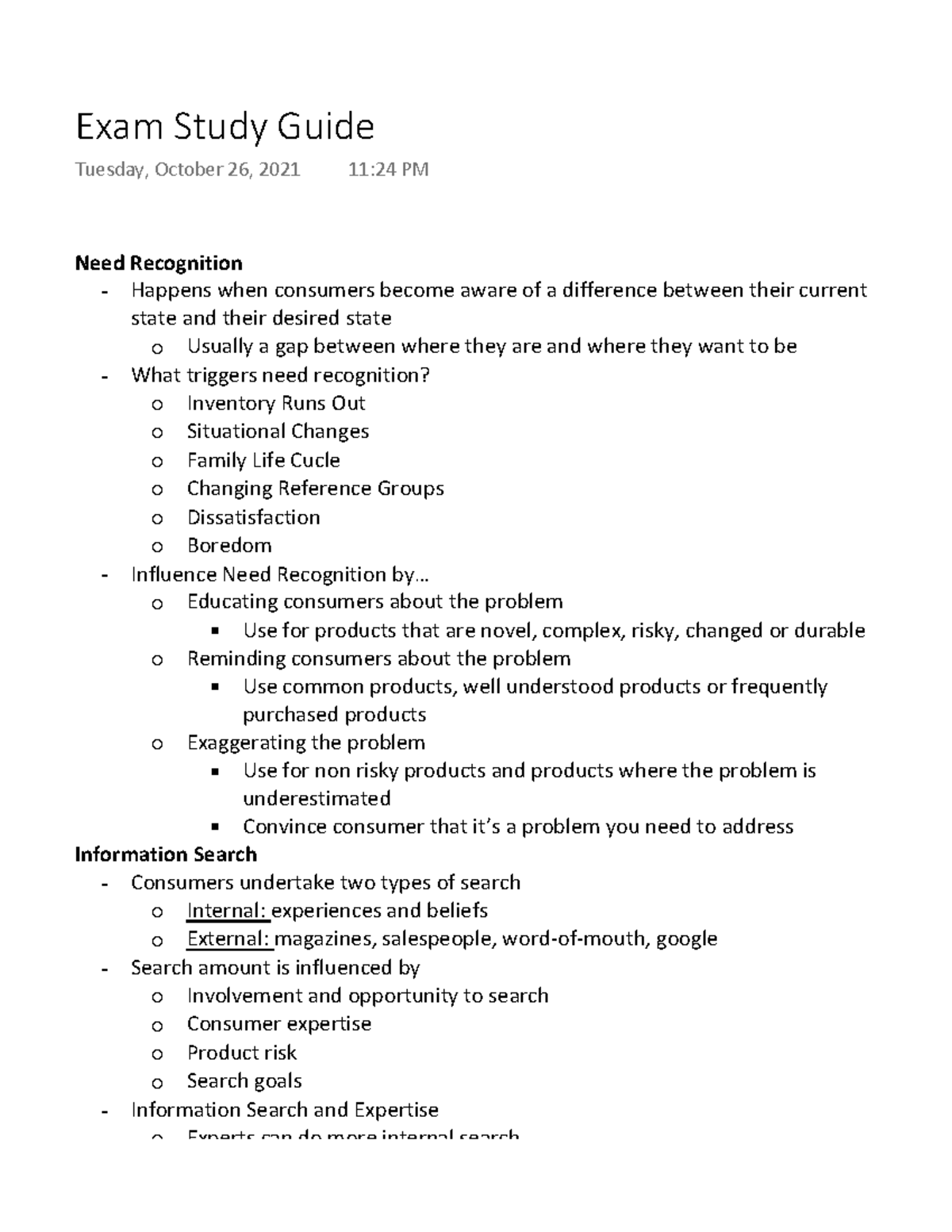 Exam Study Guide - Eugenia Wu - Need Recognition Happens when consumers ...