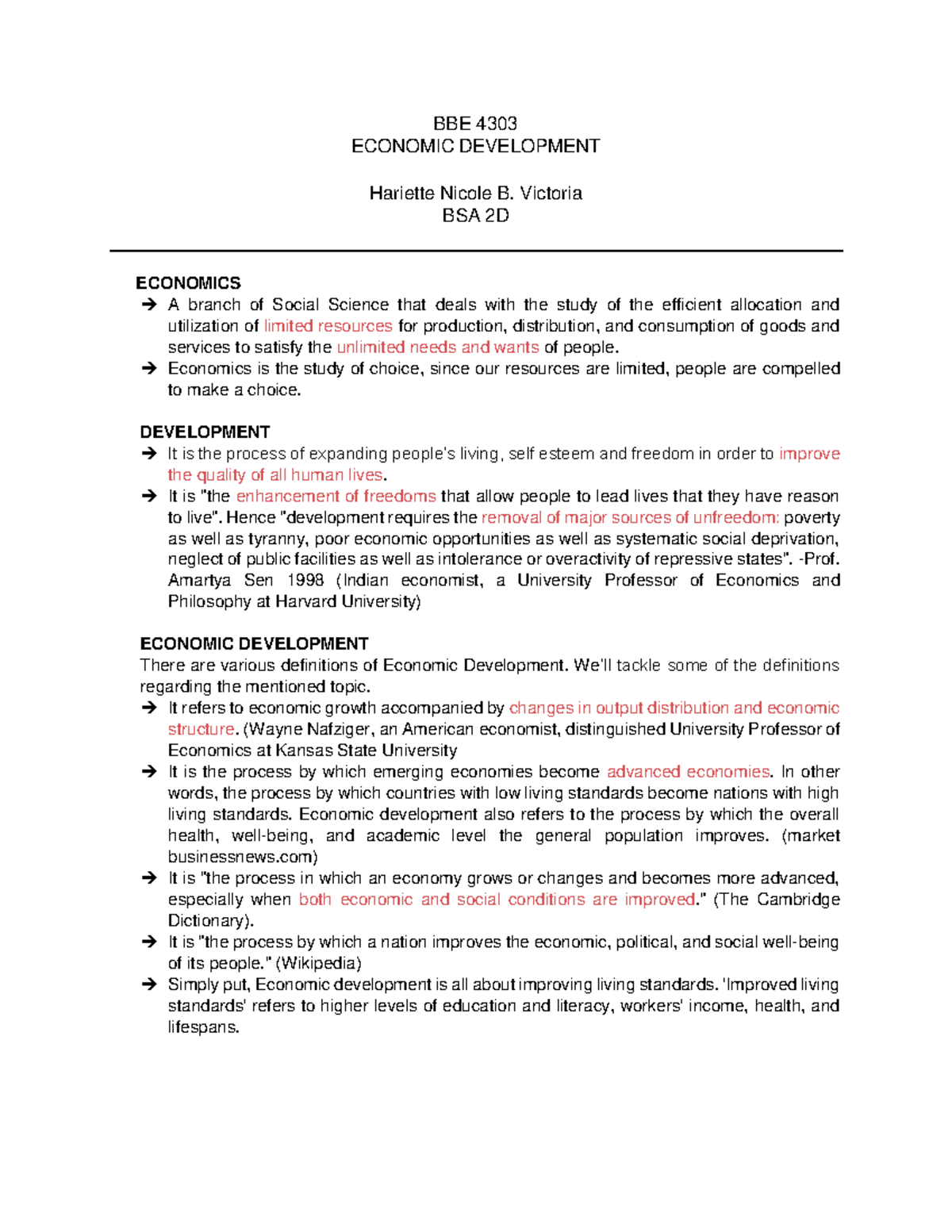 Economics development - BBE 4303 ECONOMIC DEVELOPMENT Hariette Nicole B ...