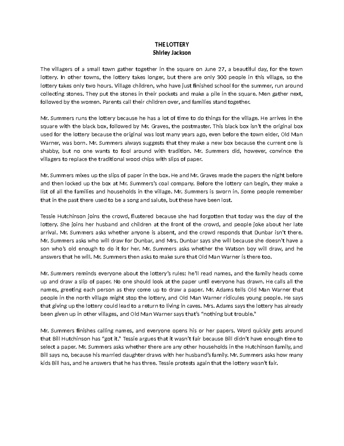 THE Lottery - IT'S A GREAT STORY - THE LOTTERY Shirley Jackson The ...