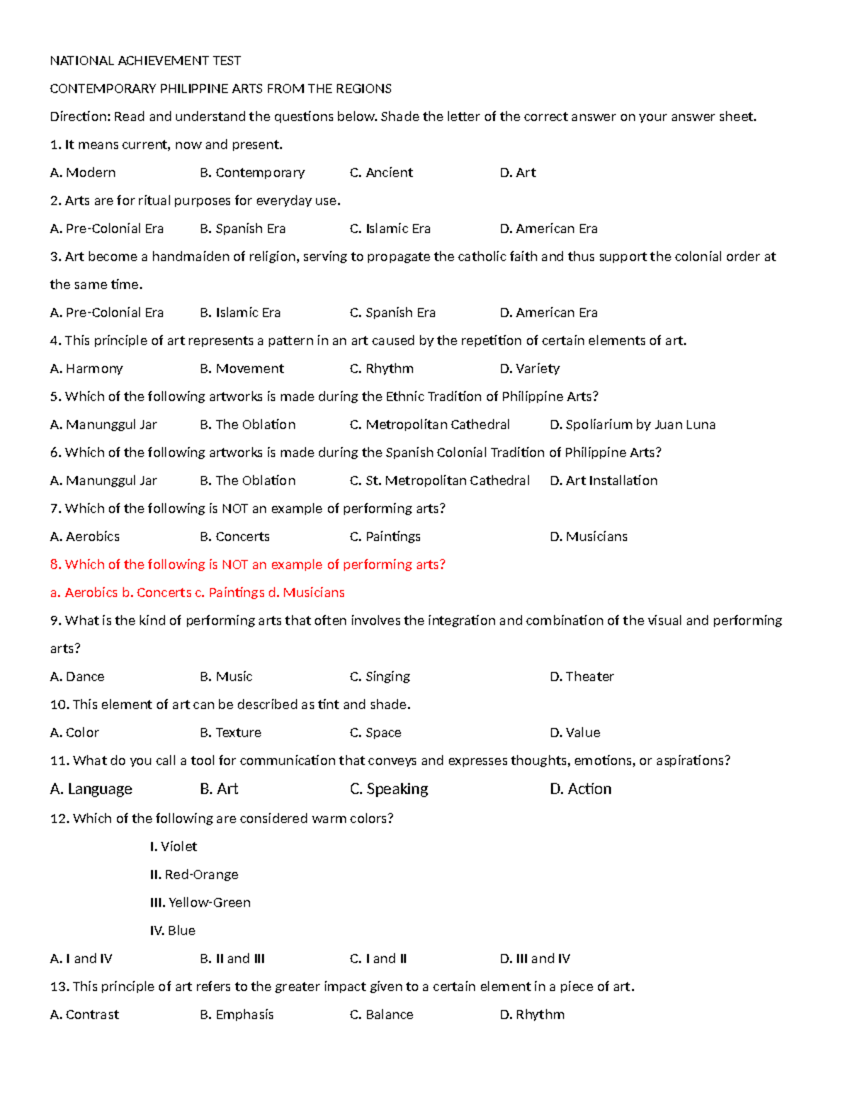 NAT Reviewer CON ARTS AND HOPE - NATIONAL ACHIEVEMENT TEST CONTEMPORARY ...