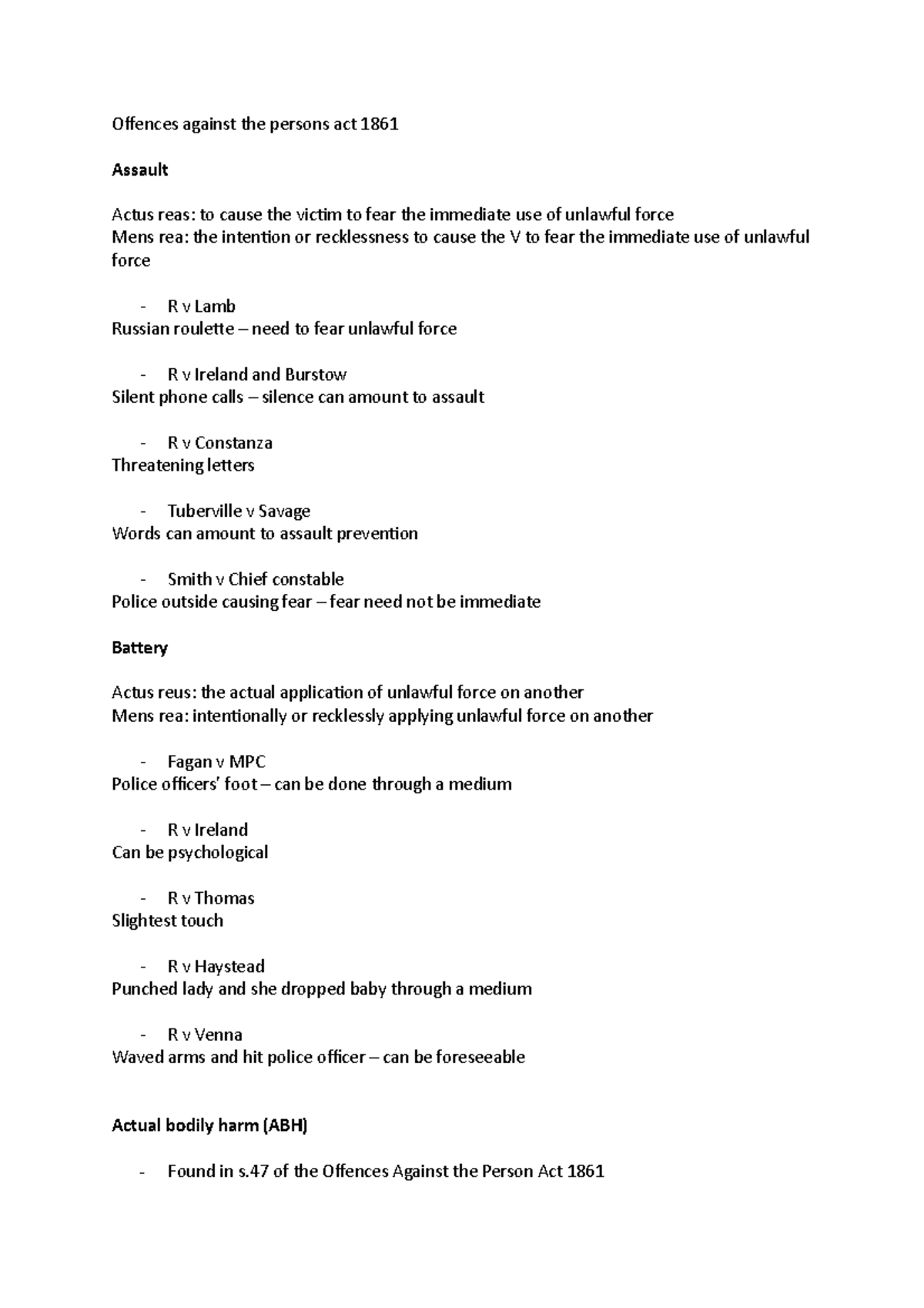 Offences against the persons act 1861 - R v Roberts (1972) - There is ...