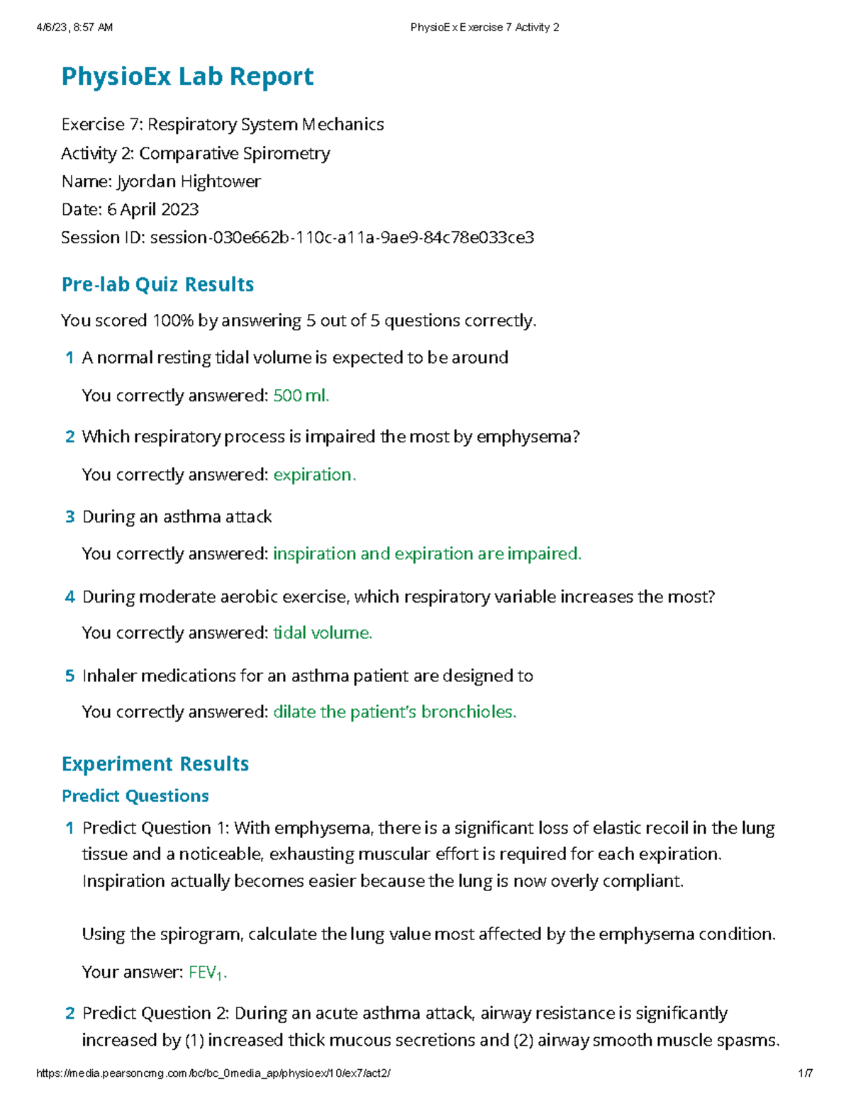 Respiratory System Mechanics Physio Ex 2 - PhysioEx Lab Report Exercise ...