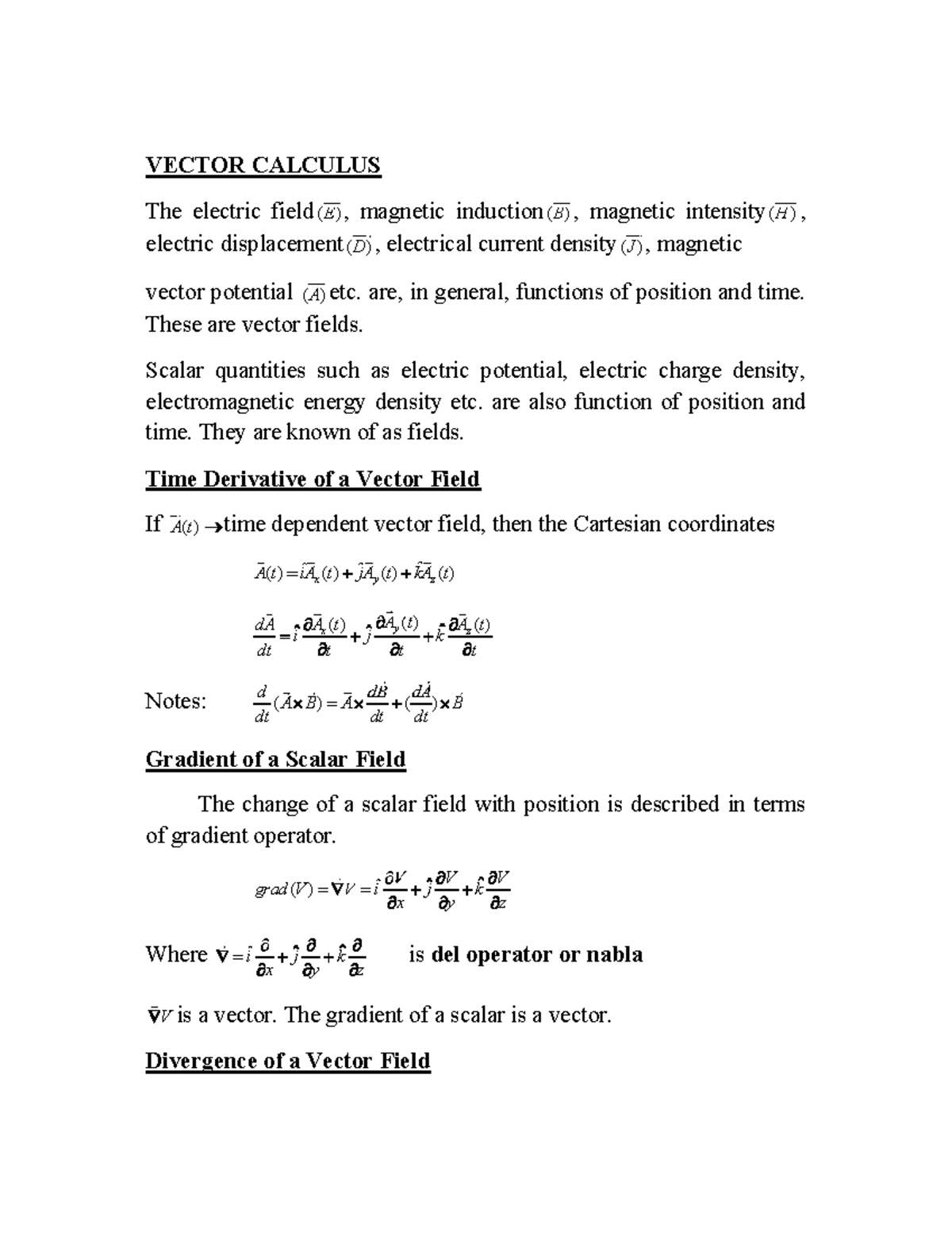 Unit 1 - physics - VECTOR CALCULUS The electric field ( E ), magnetic ...