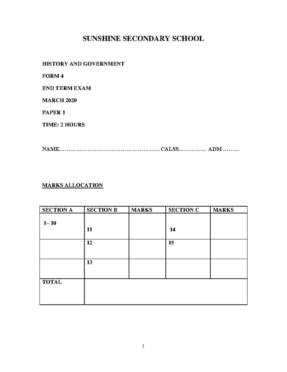 HIST F4 - history form 4 trial paper - 1 SUNSHINE SECONDARY SCHOOL ...