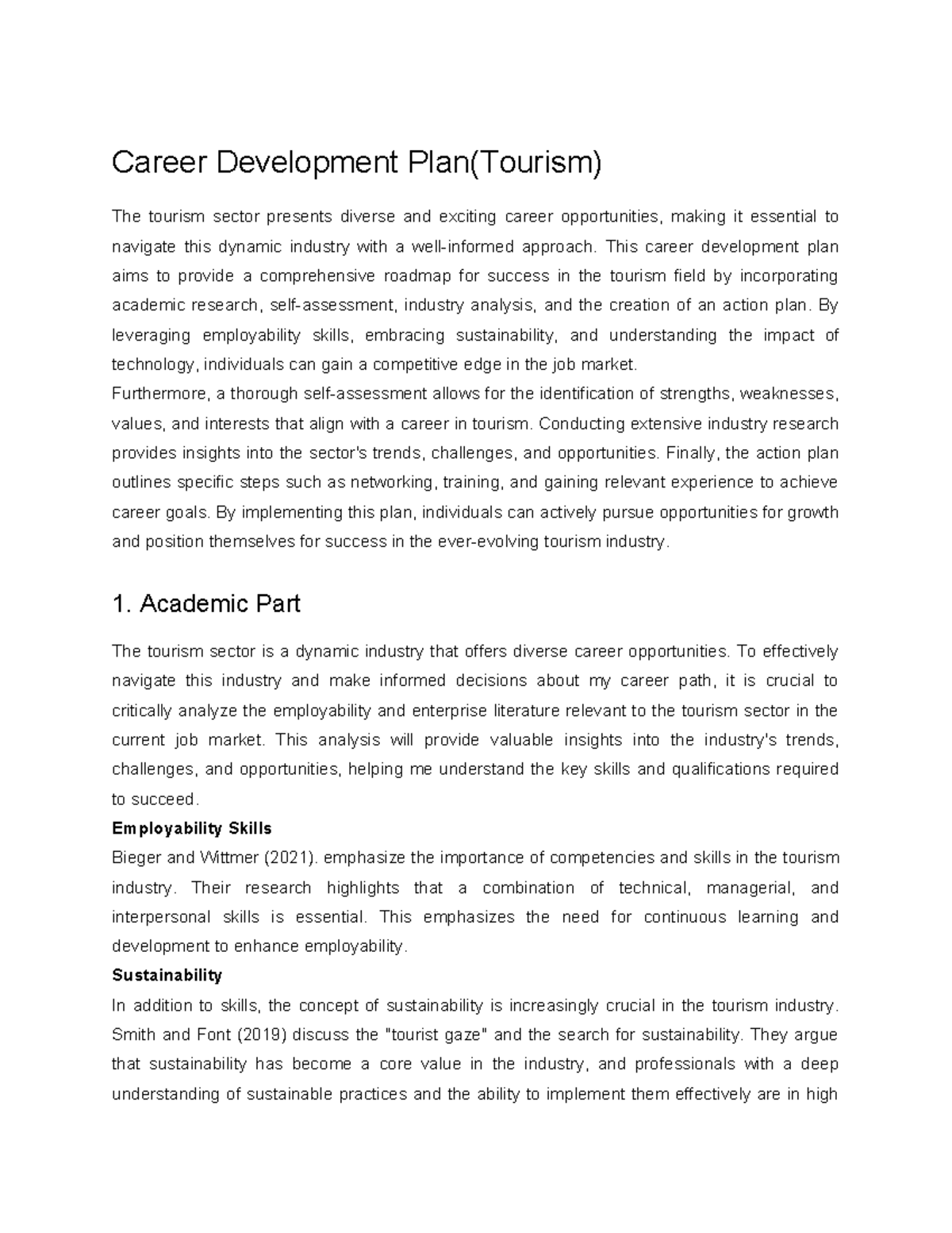 Essay - Career Development Plan(Tourism) The tourism sector presents ...