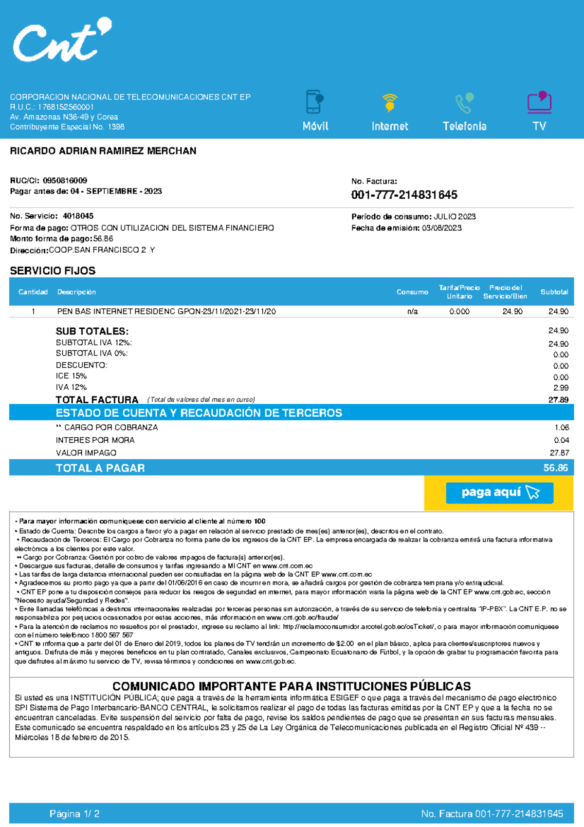 001-777-214831645 - ERT - CORPORACION NACIONAL DE TELECOMUNICACIONES ...