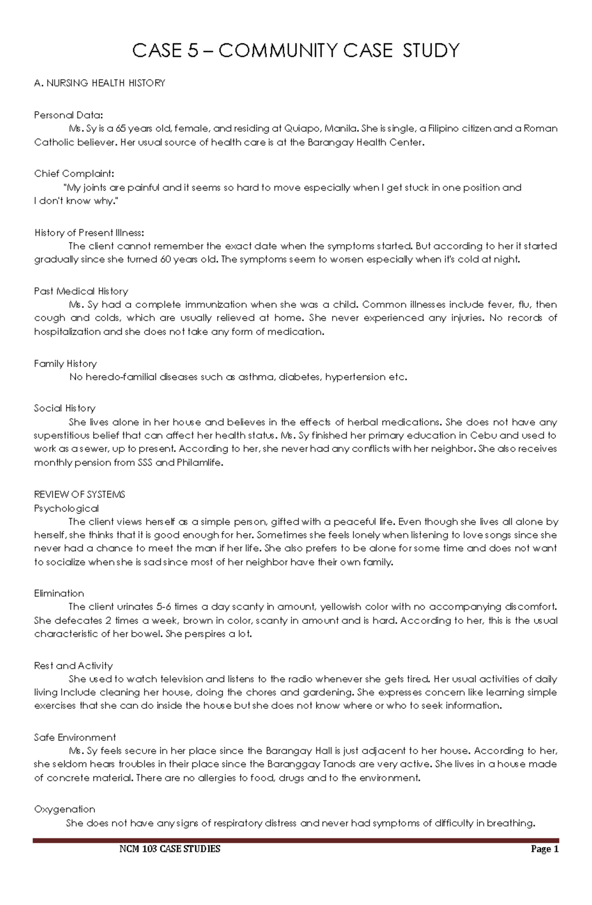 NCM 103 Lecture Case Study Group 5 - NCM 10 3 CASE STUDIES Page 1 CASE ...