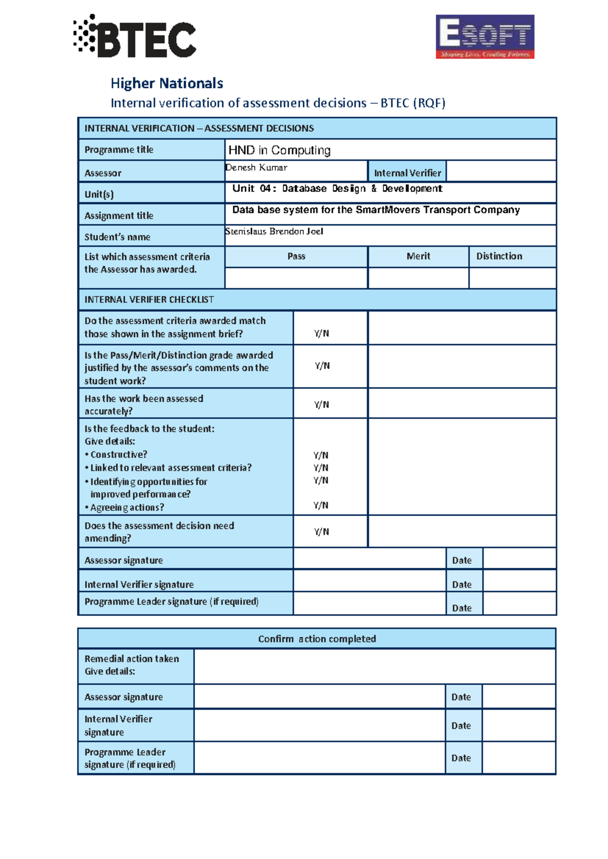 Database Assignment - Higher Nationals Internal verification of ...