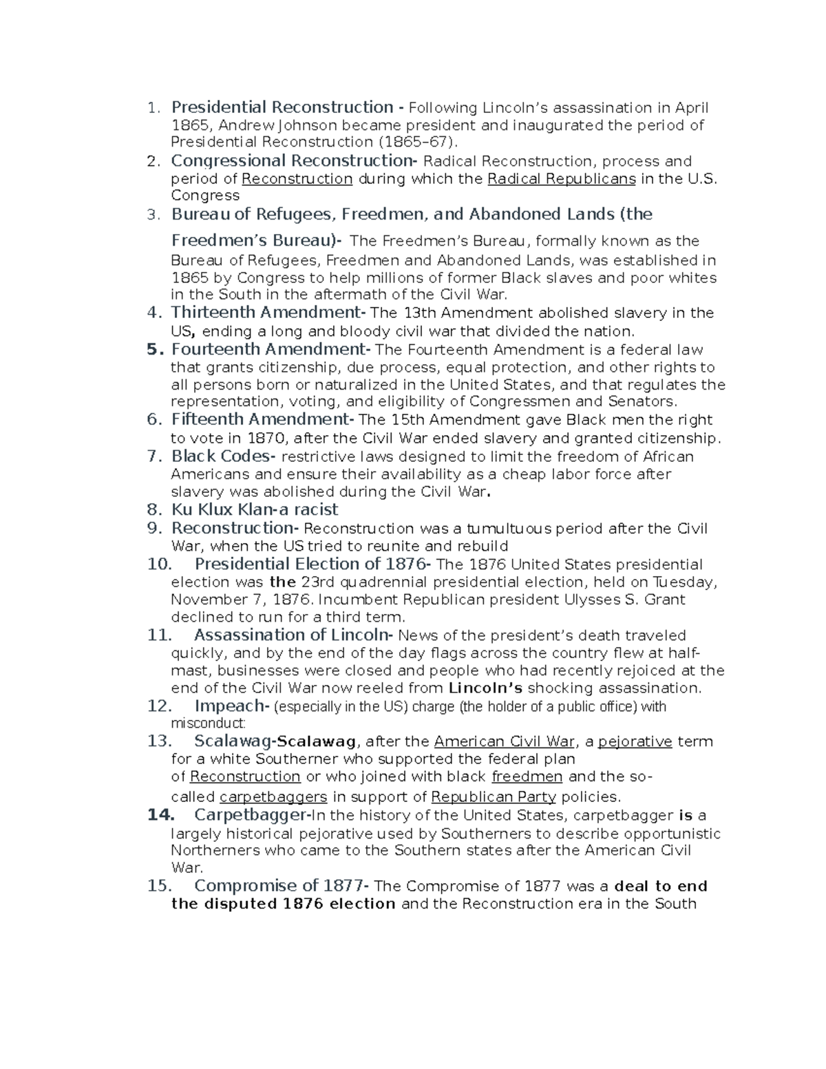 Presidential Reconstruction - 1. Presidential Reconstruction ...