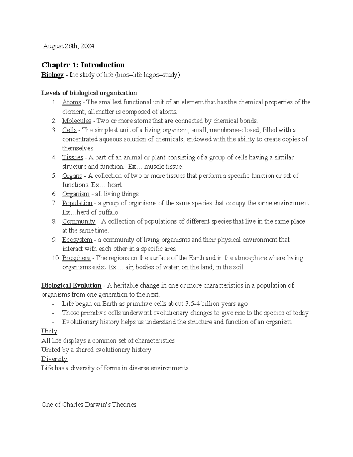 Bio Lecture 1 and 2 - chapter 1 - August 28th, 2024 Chapter 1: Introduction Biology - the study ...