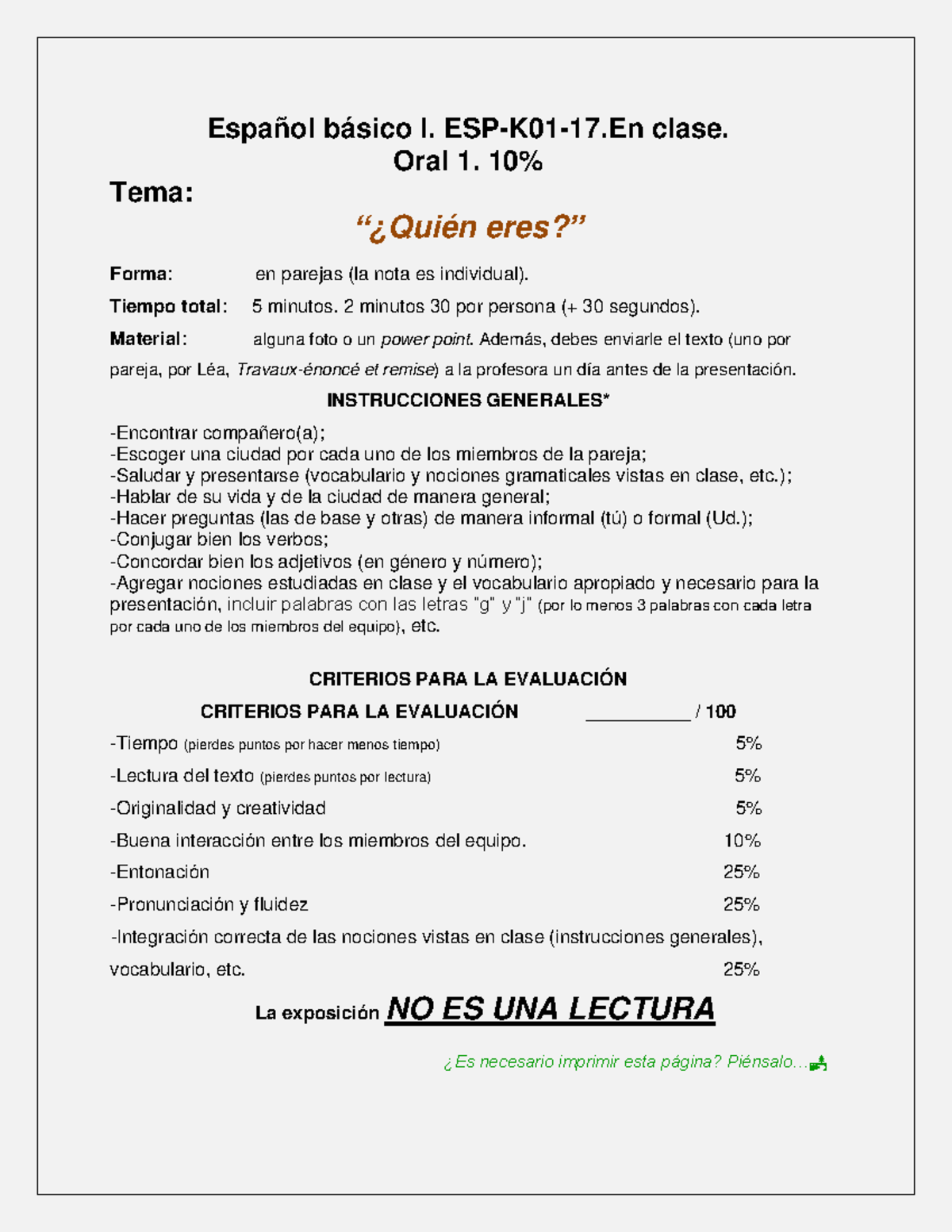 Oralespanol 1 - Assignment for Spanish - Español básico I. ESP-K01- 17 ...