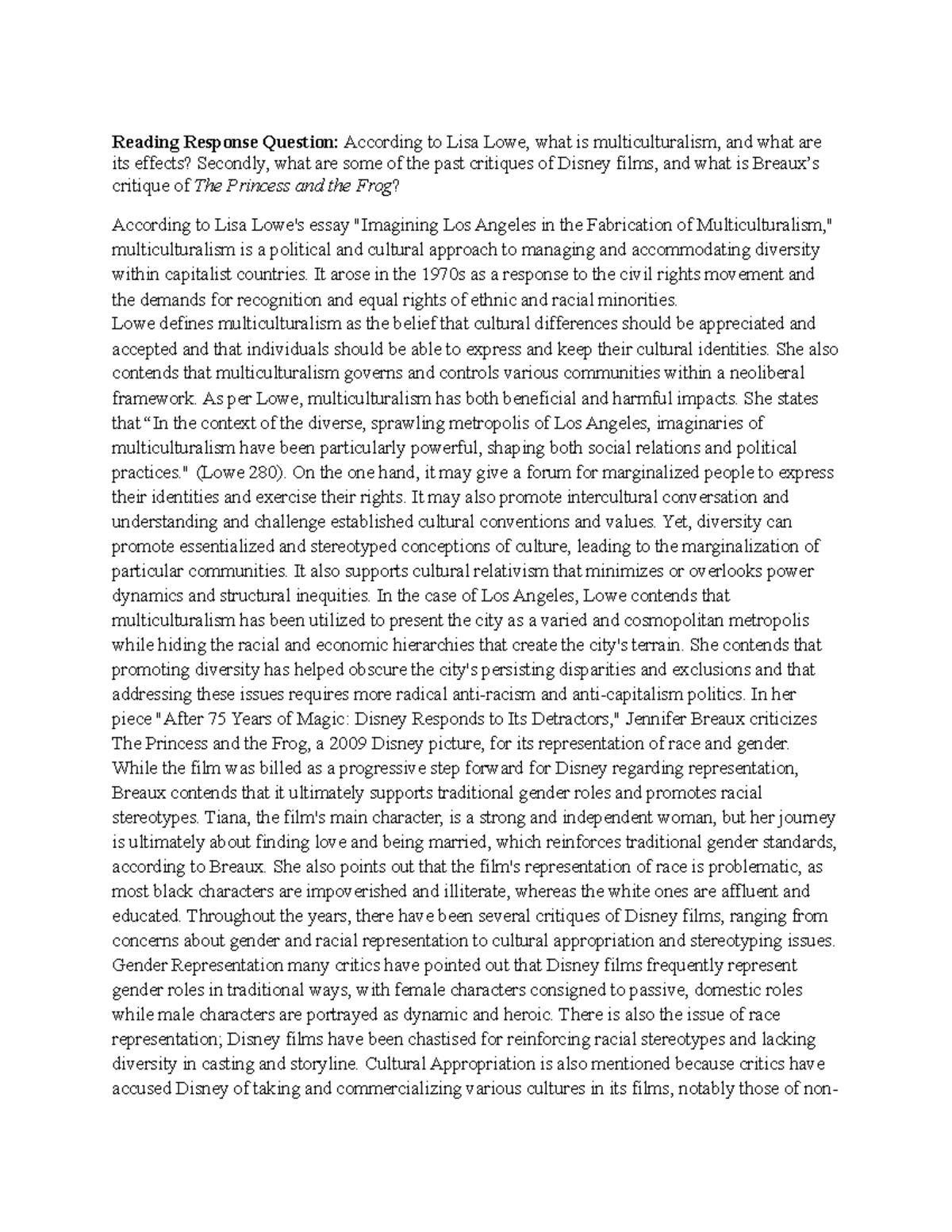 Disney Reading Response - Reading Response Question: According to Lisa ...