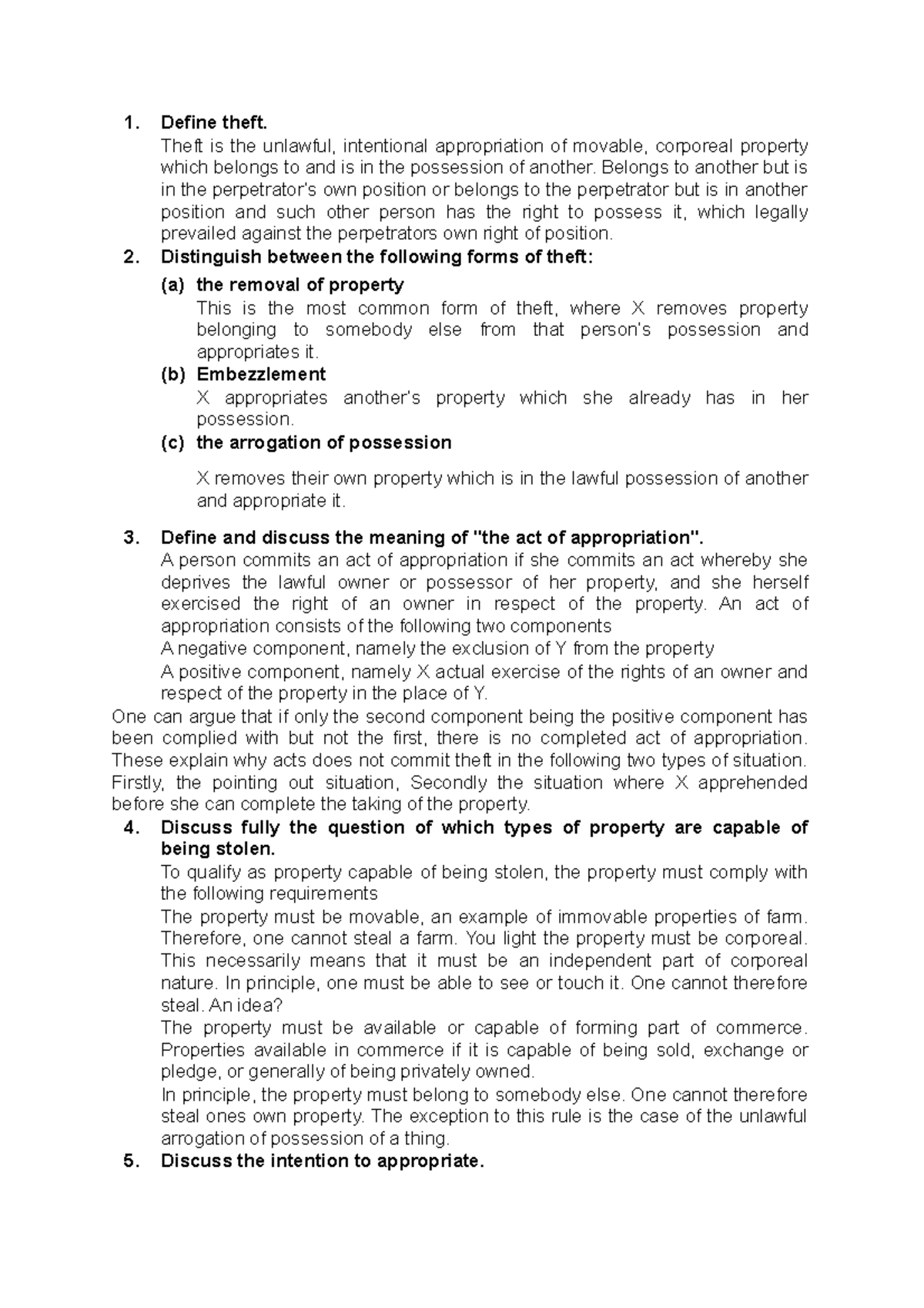 Theft Questions AND Answers - 1. Define theft. Theft is the unlawful ...