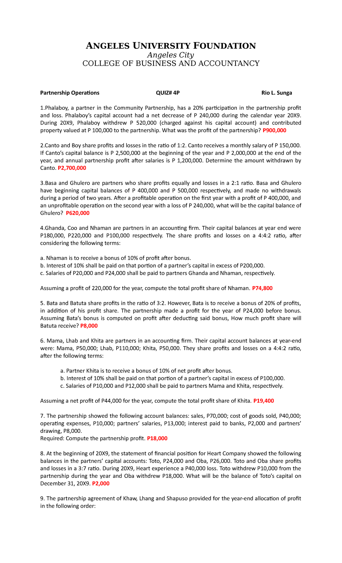 QUIZ 4P Partnership Operations KEY - ANGELES UNIVERSITY FOUNDATION ...