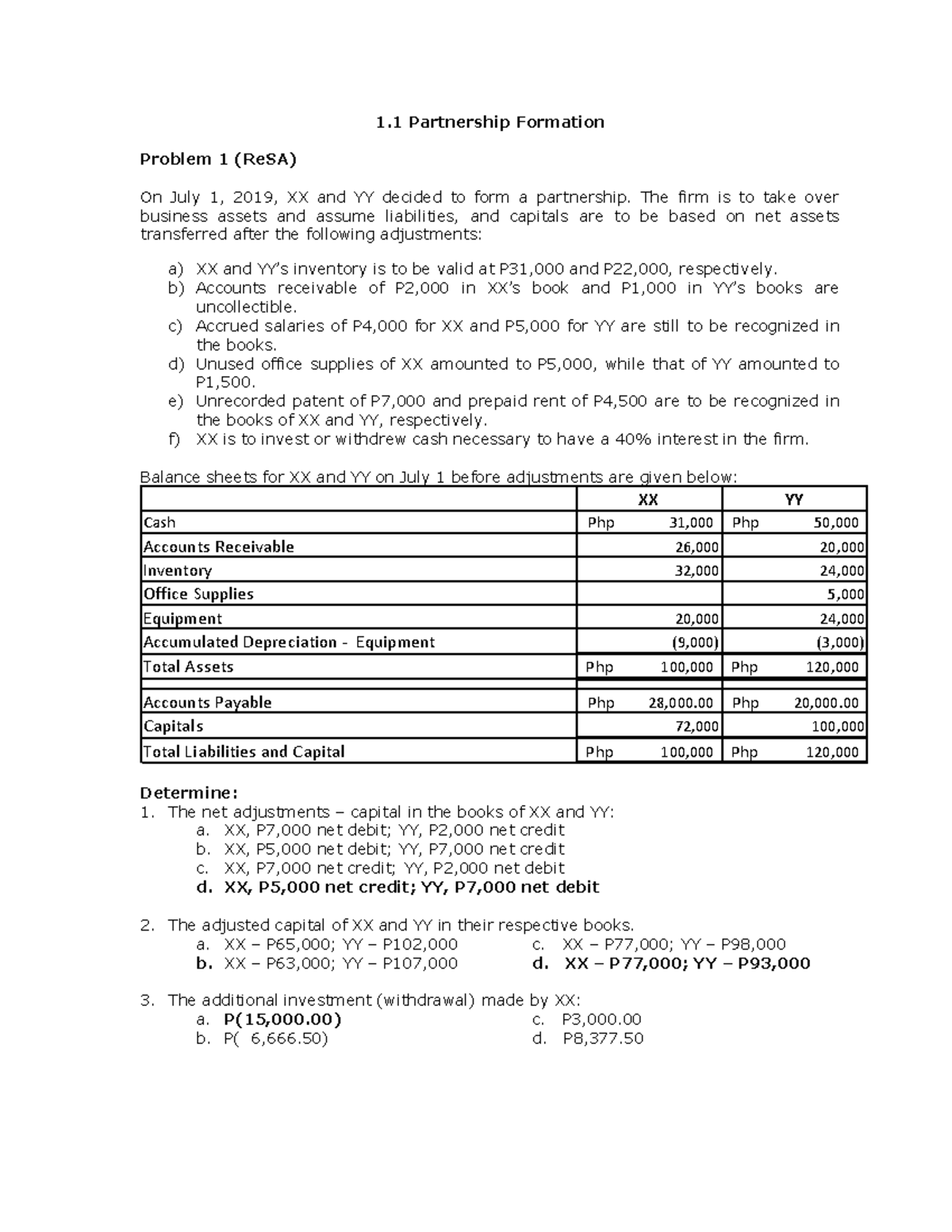 Partnership test bank with answers - 1 Partnership Formation Problem 1 ...