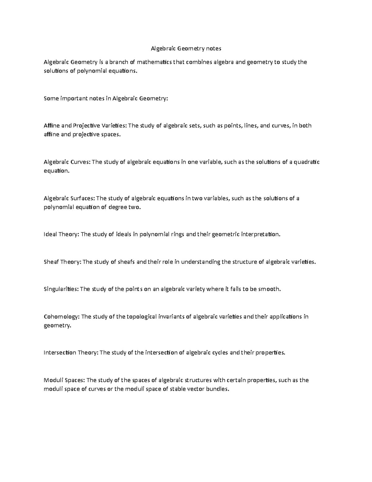 Algebraic Geometry notes - Algebraic Geometry is a branch of ...