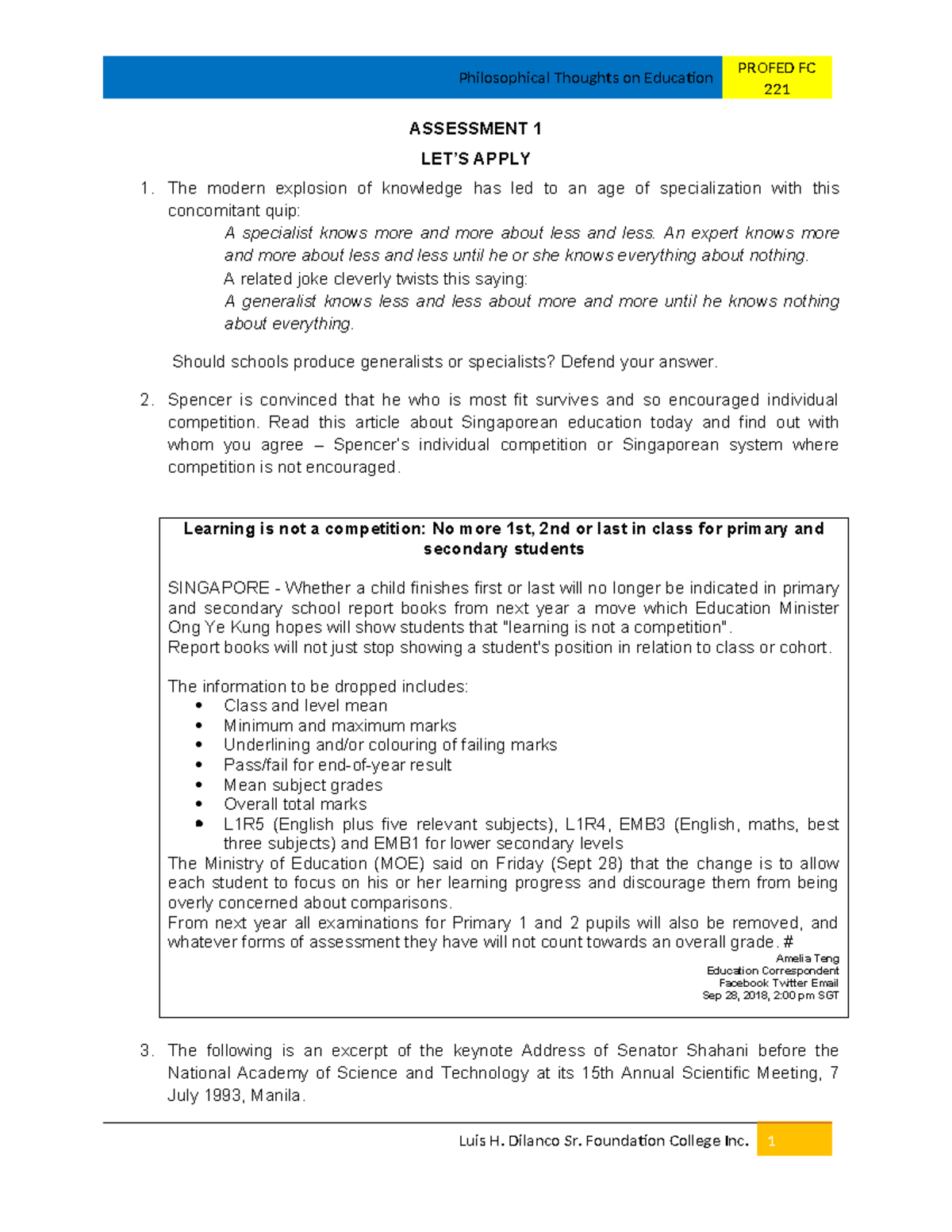 Profed 221 Assessment 1 - Philosophical Thoughts on Education 221 ...
