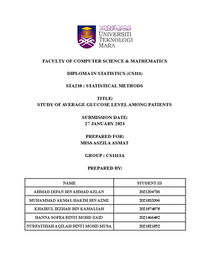 Tutorial STA210 OCT2023 - TUTORIAL STA NAME : NIK NUR HUMAIRA BINTI NIK HADZISHAH ID ...