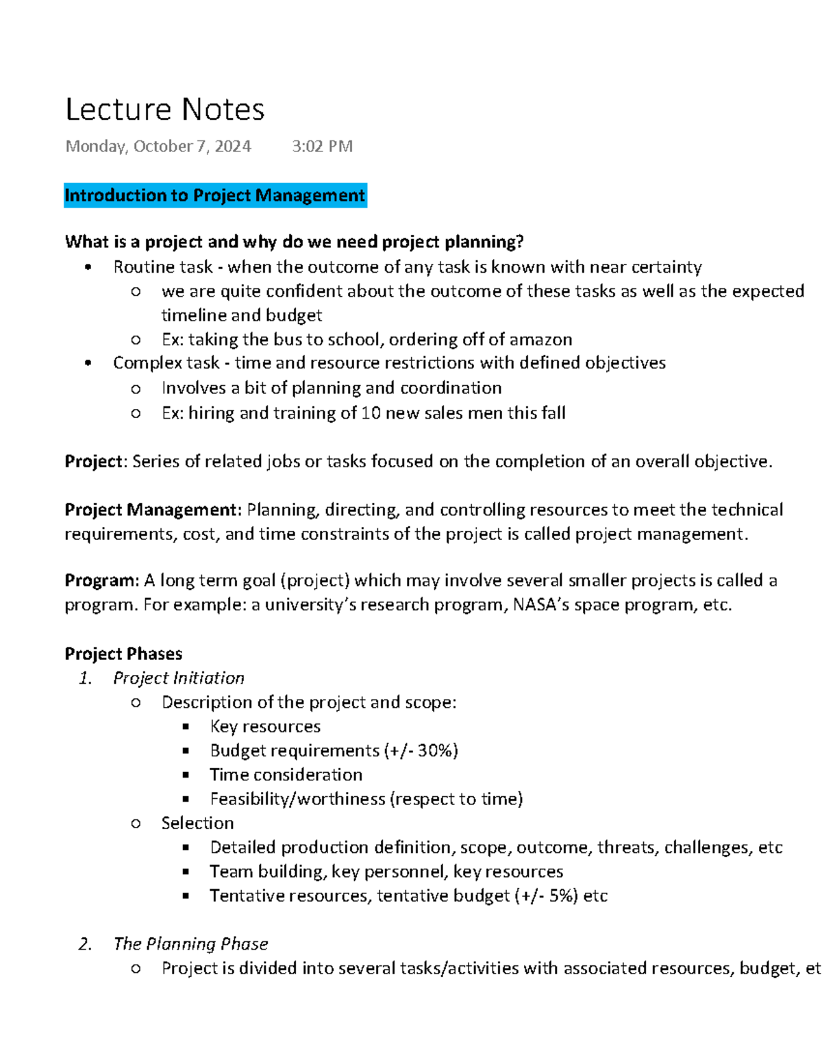 Lecture Notes - Introduction to Project Management What is a project ...