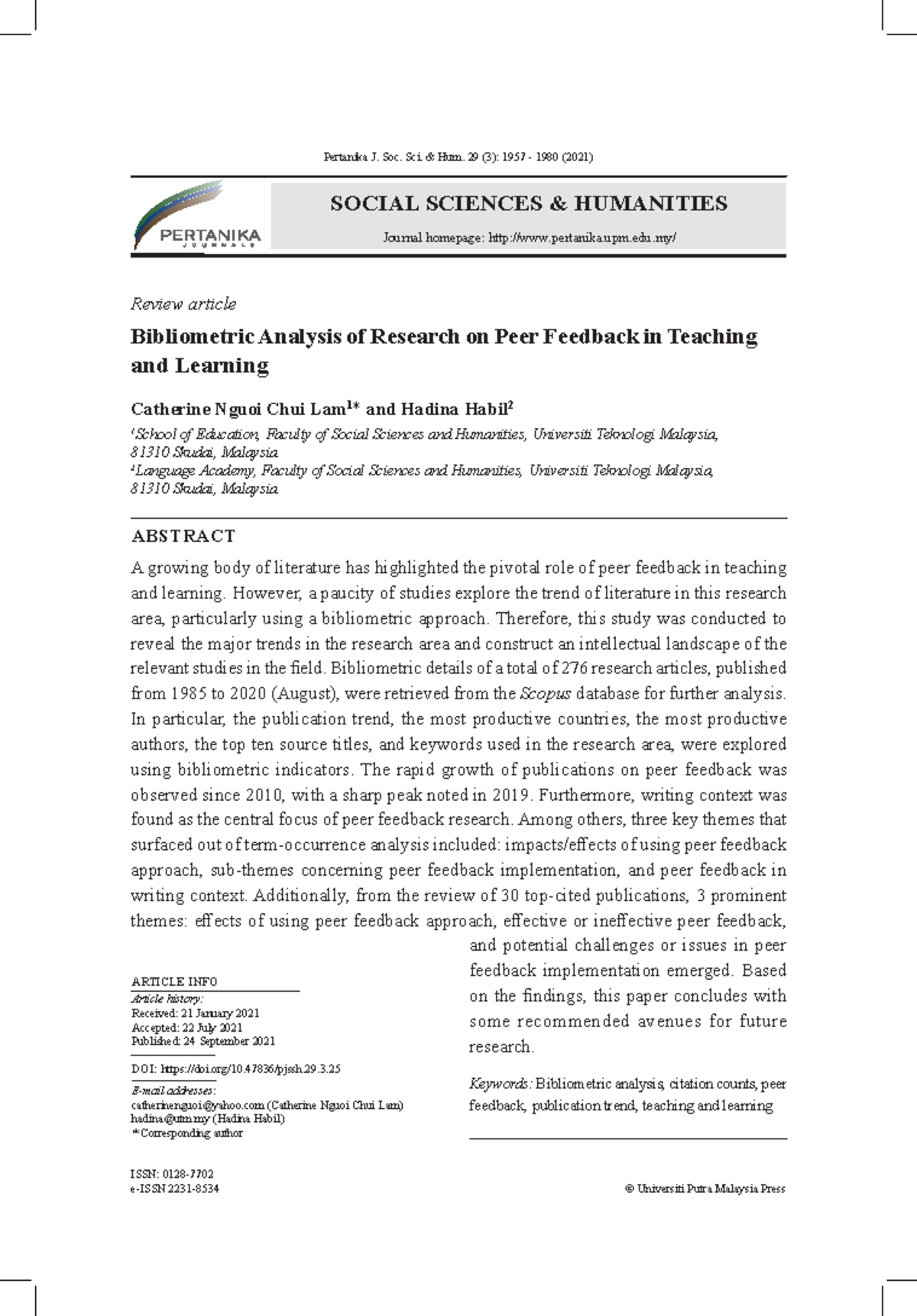 Research on Peer Feedback in Teaching and Learning A Bibliometric ...