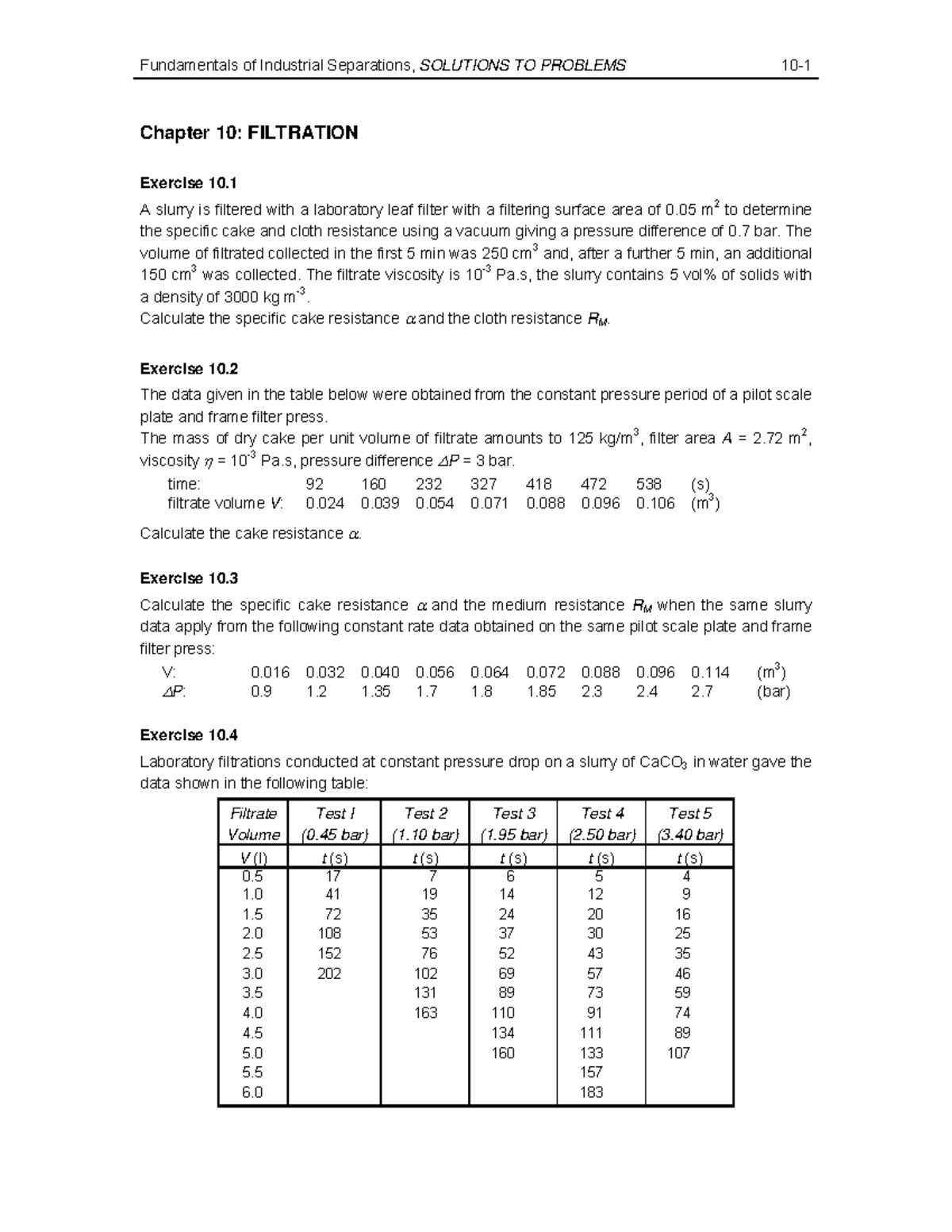 Chapter 10 - Exercises - Filtration - Fundamentals of Industrial ...