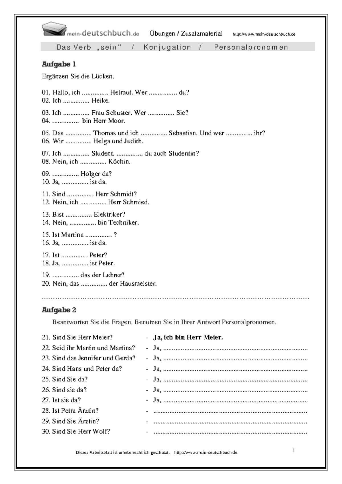 Verb sein 1 - A1 Ubungen - Übungen / Zusatzmaterial mein-deutschbuch ...