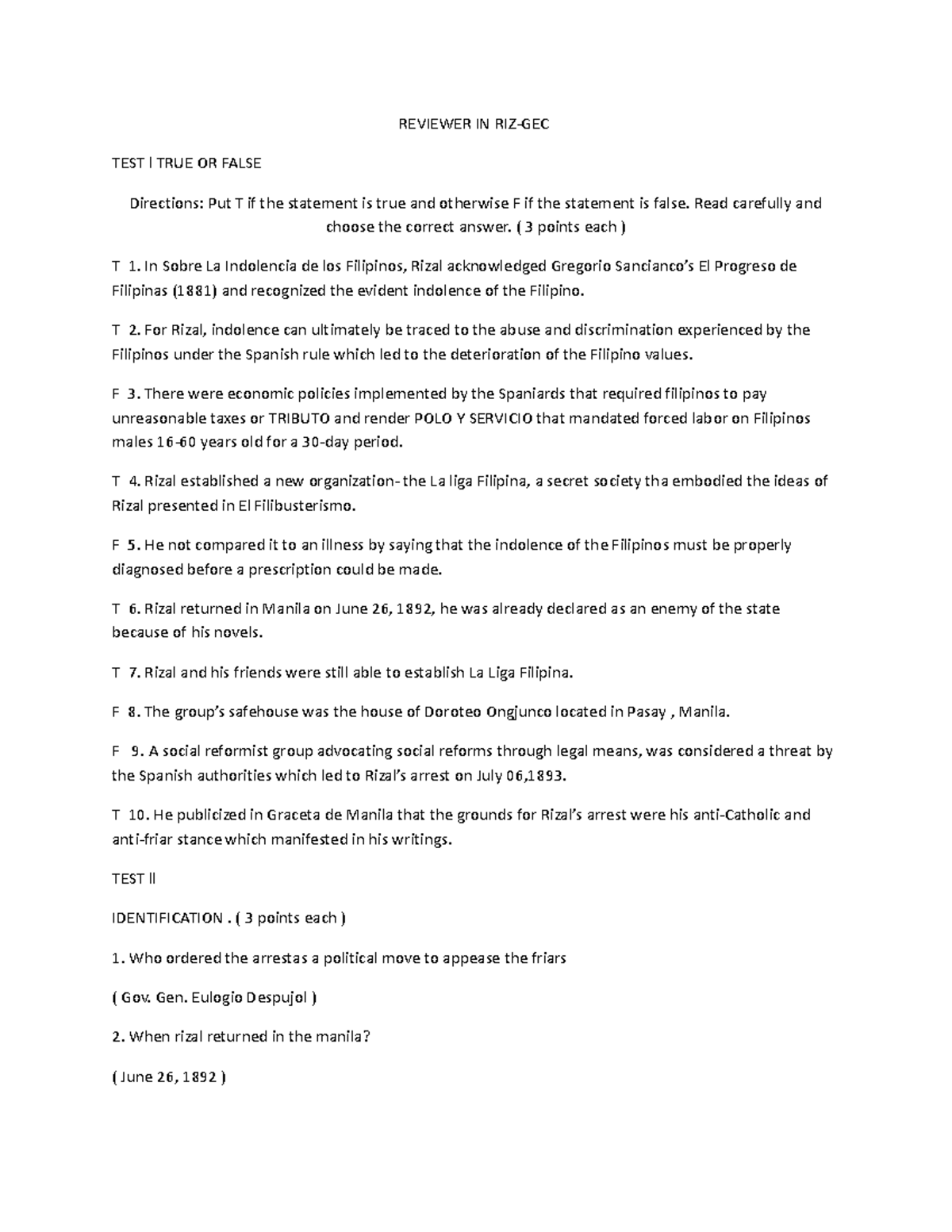 Reviewer IN RIZ-WPS Office - REVIEWER IN RIZ-GEC TEST l TRUE OR FALSE ...