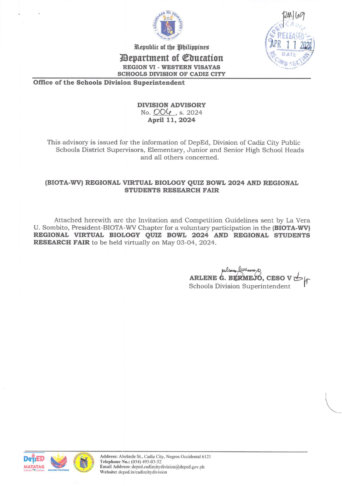 Div. Advisory No. 006, s. 2024 ( Biota-WV) Regional Virtual Biology ...