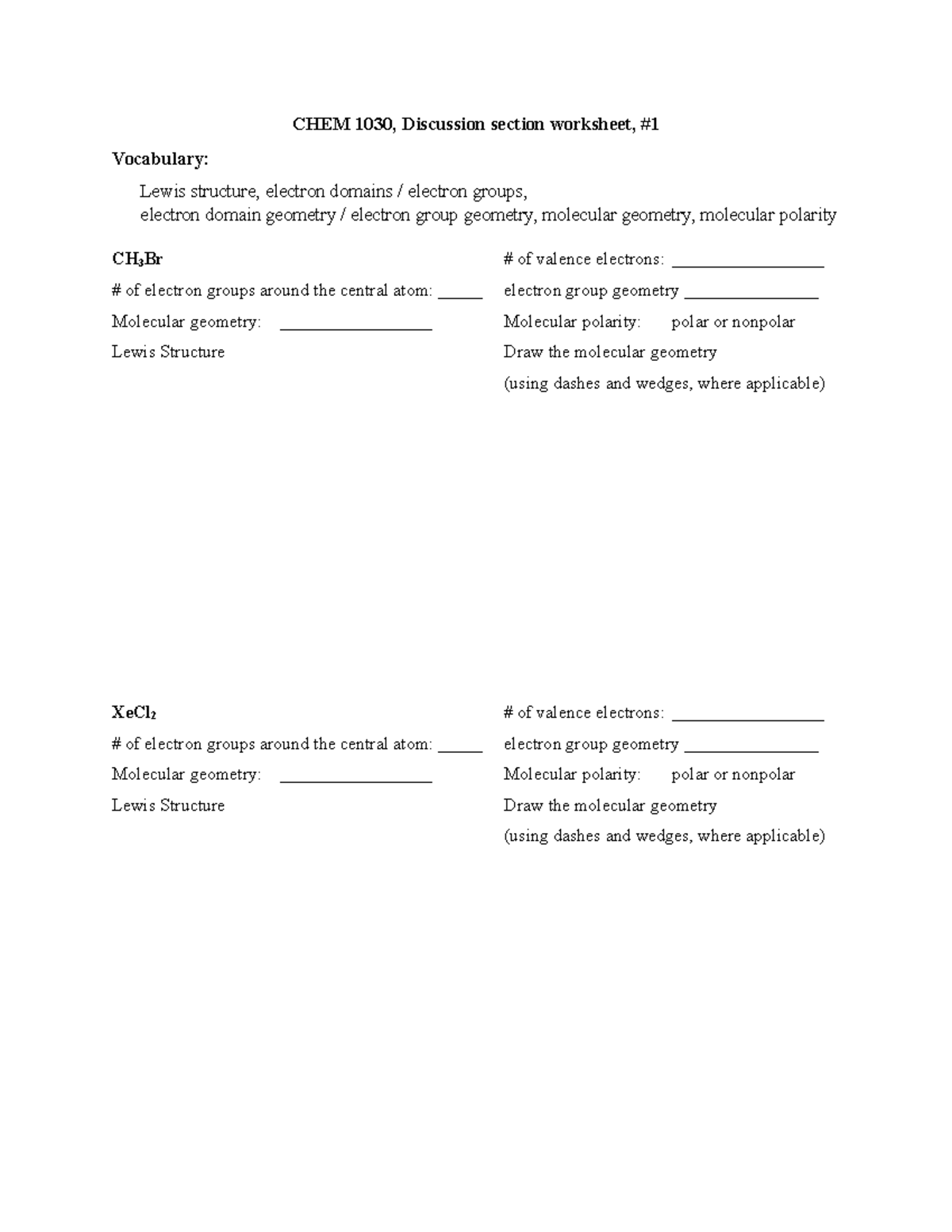 Discussion section worksheet 01 - Determine the types of intermolecular ...