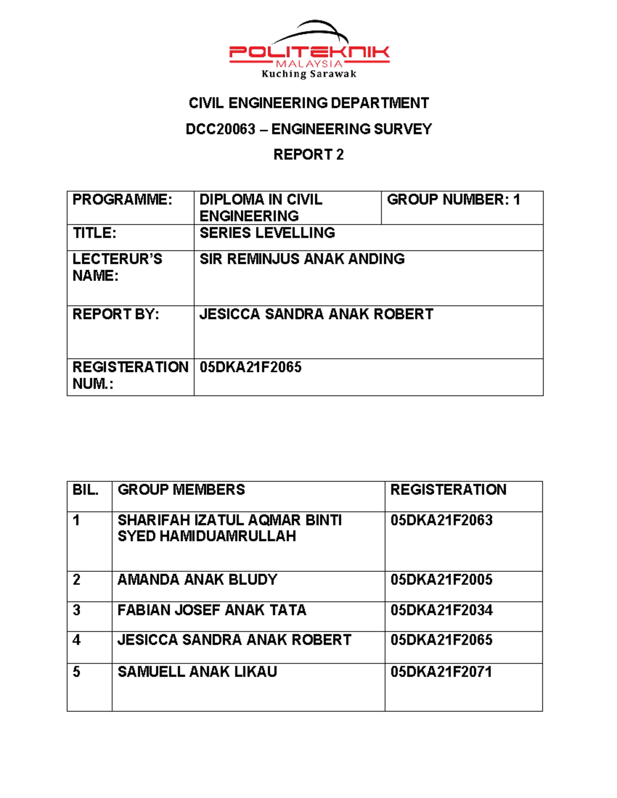 Survey Report Jesicca Sandra 2 - CIVIL ENGINEERING DEPARTMENT DCC20063 ...