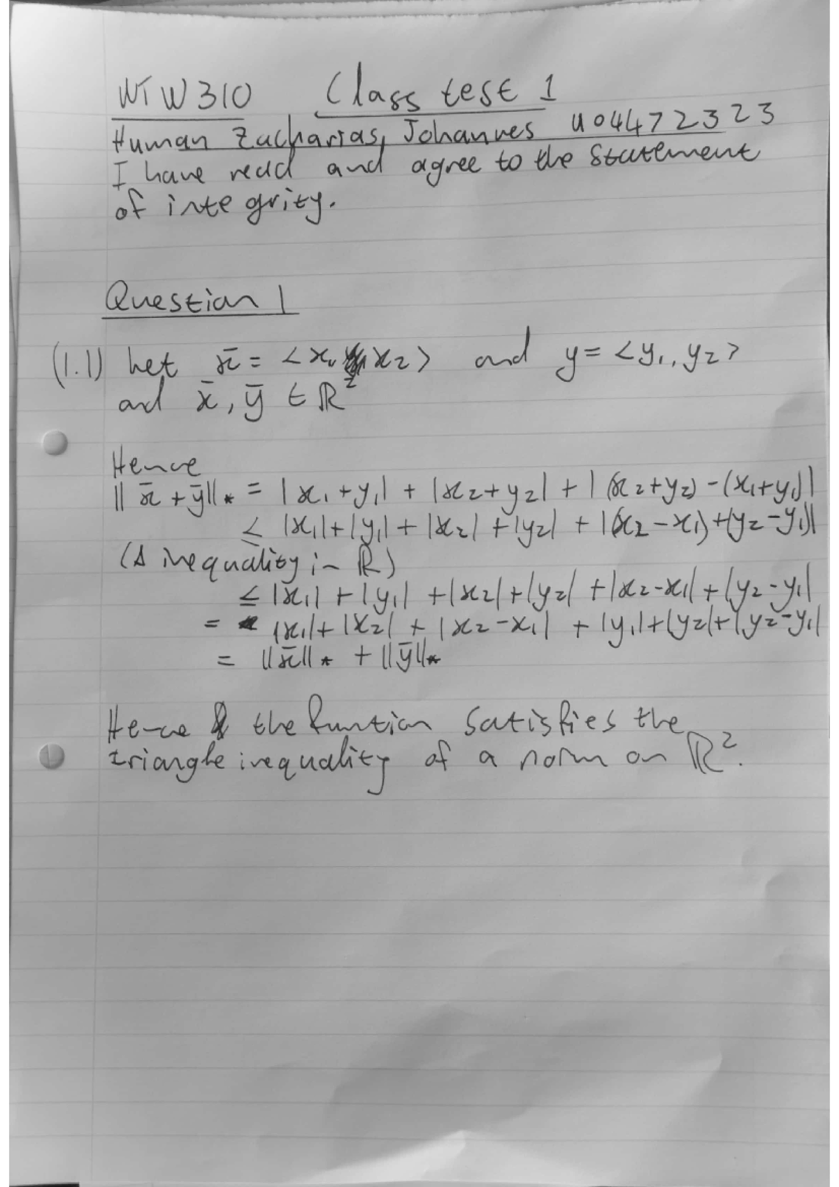 WTW 310 CT1 2022 - WTW310 Class test 1 Human Zacharias Johannes ...