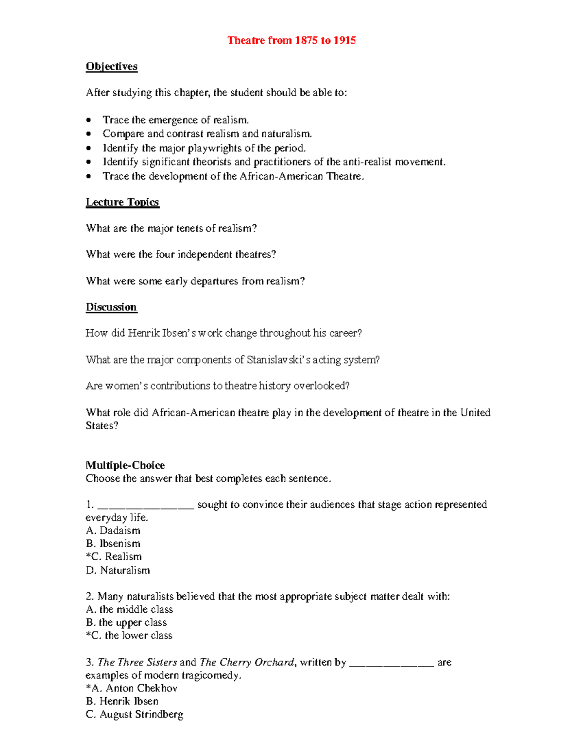 Ch12 Theatre from 1875 to 1915 - Theatre from 1875 to 1915 Objectives ...