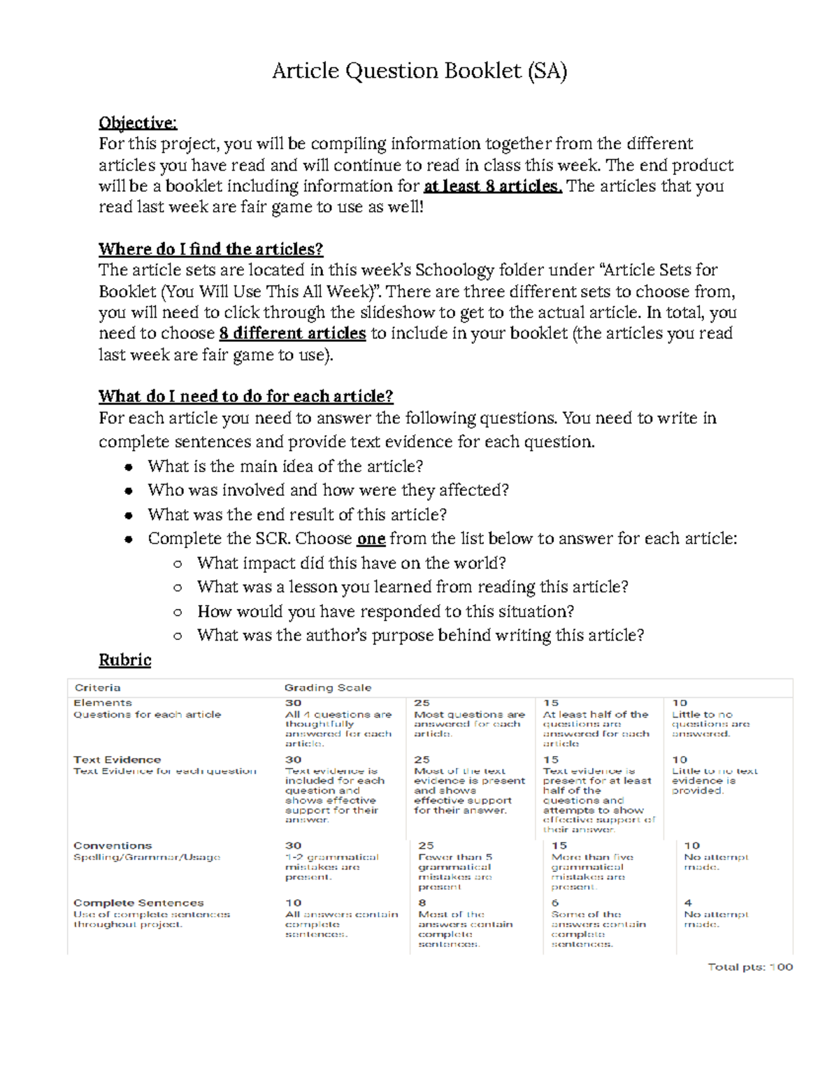 Informational Text Booklet Directions SA - Article Question Booklet (SA ...