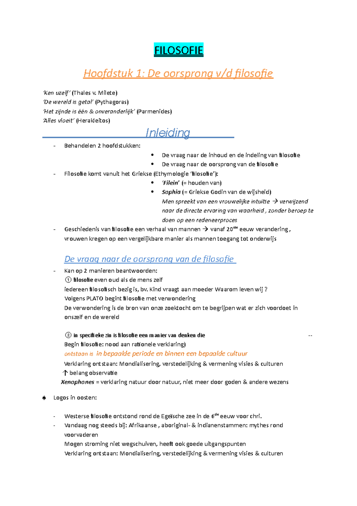 filosofie :ken jezelf - FILOSOFIE Hoofdstuk 1: De oorsprong v/d filosofie ‘Ken uzelf’ (Thales v ...