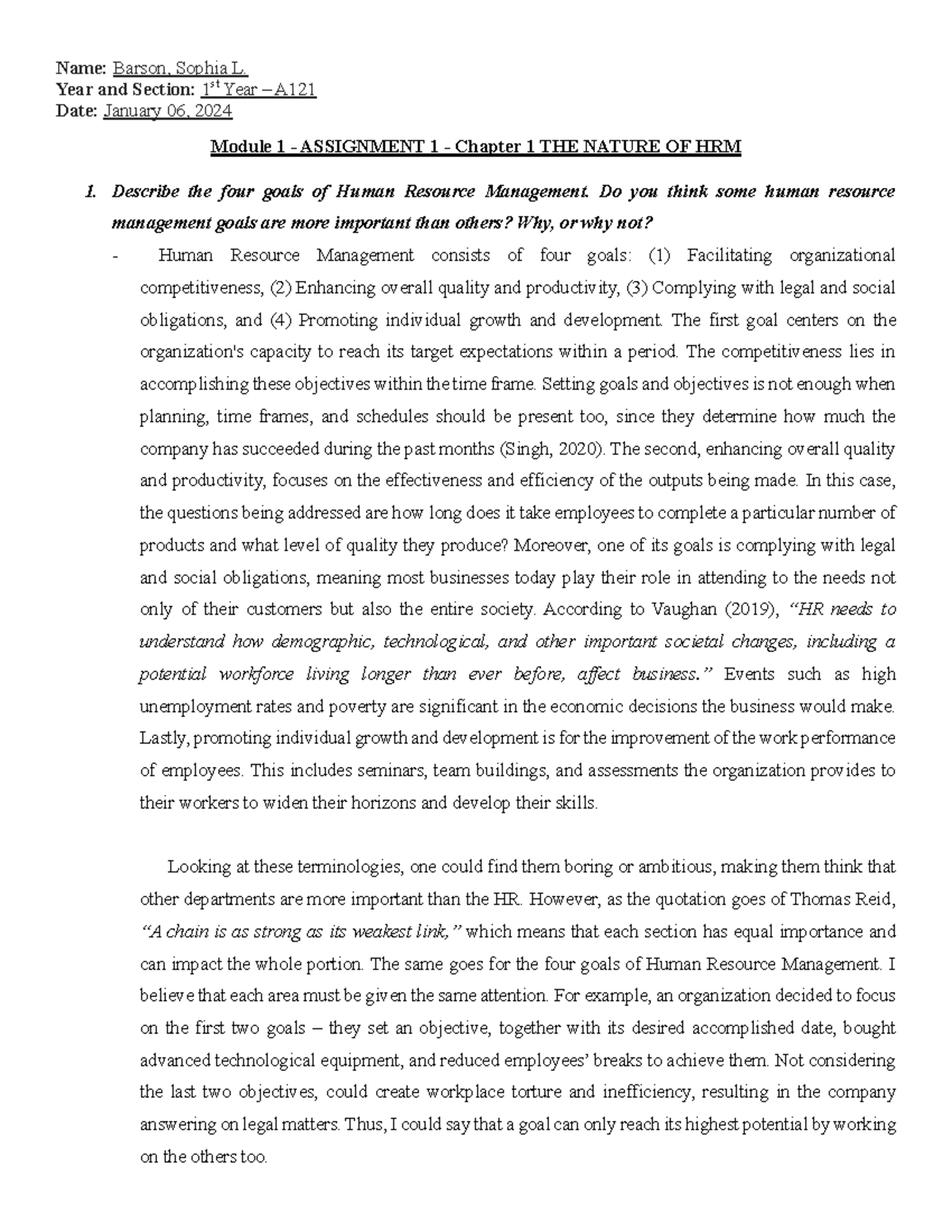 Barson, Sophia L. Module 1 - Assignment 1 - Chapter 1 THE Nature OF HRM ...