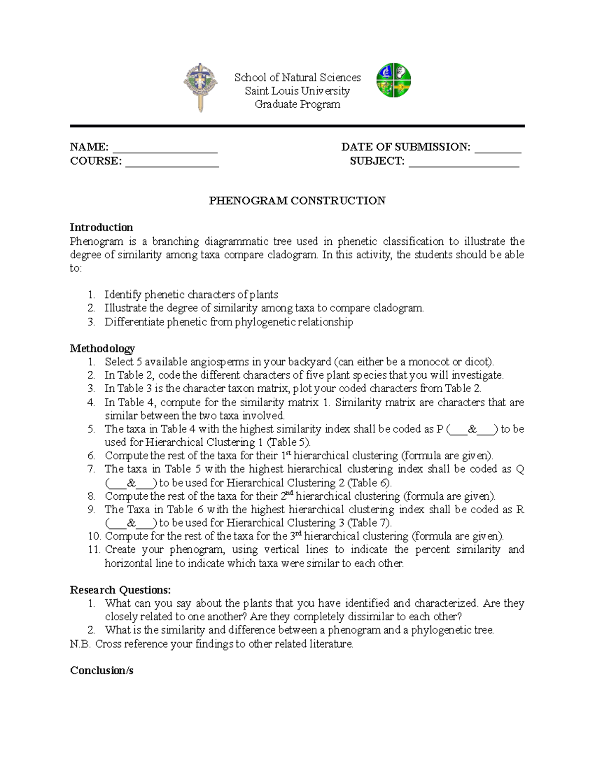 Laboratory Activity 1 Plant Biogeography and Systematics - School of ...