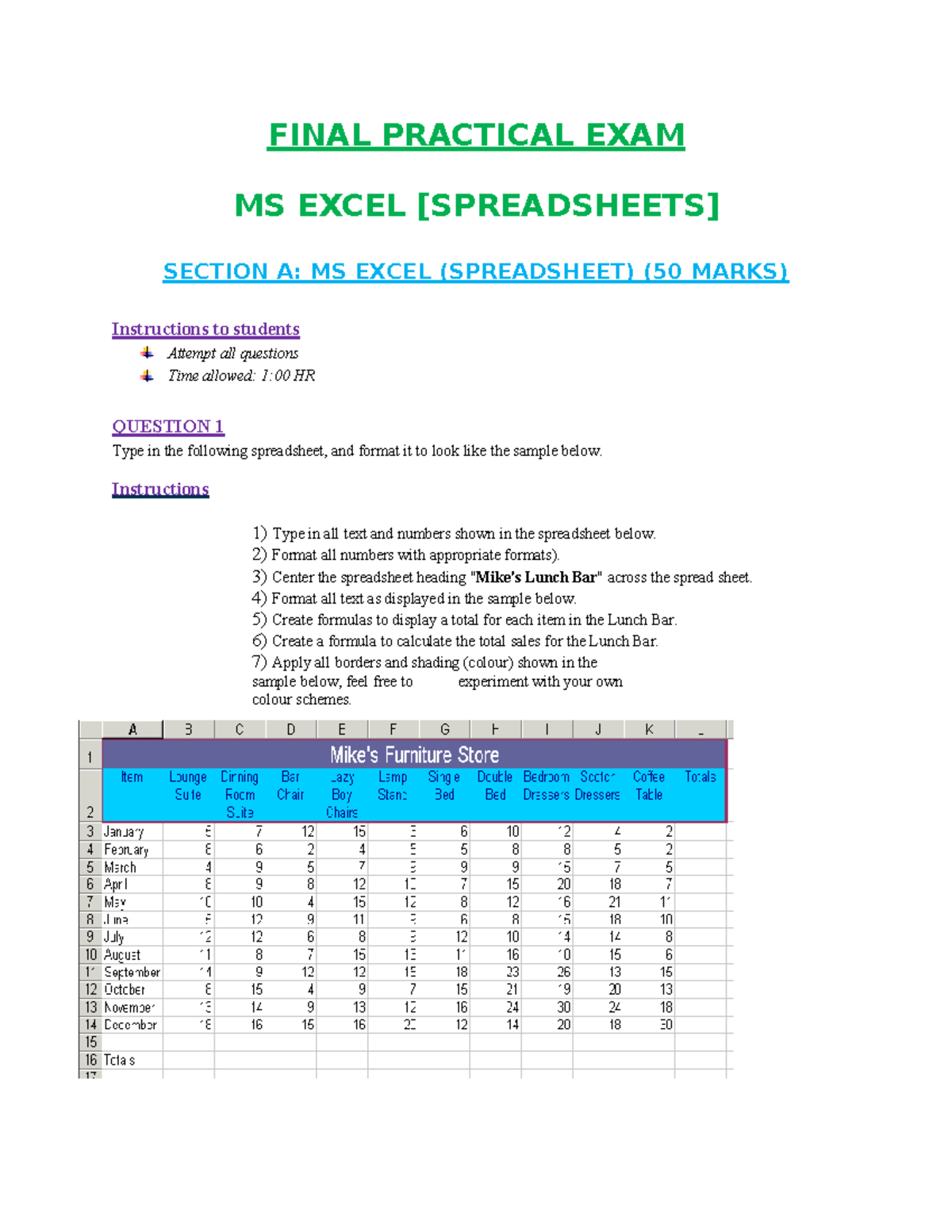 Computer Revision quesitions - FINAL PRACTICAL EXAM MS EXCEL ...