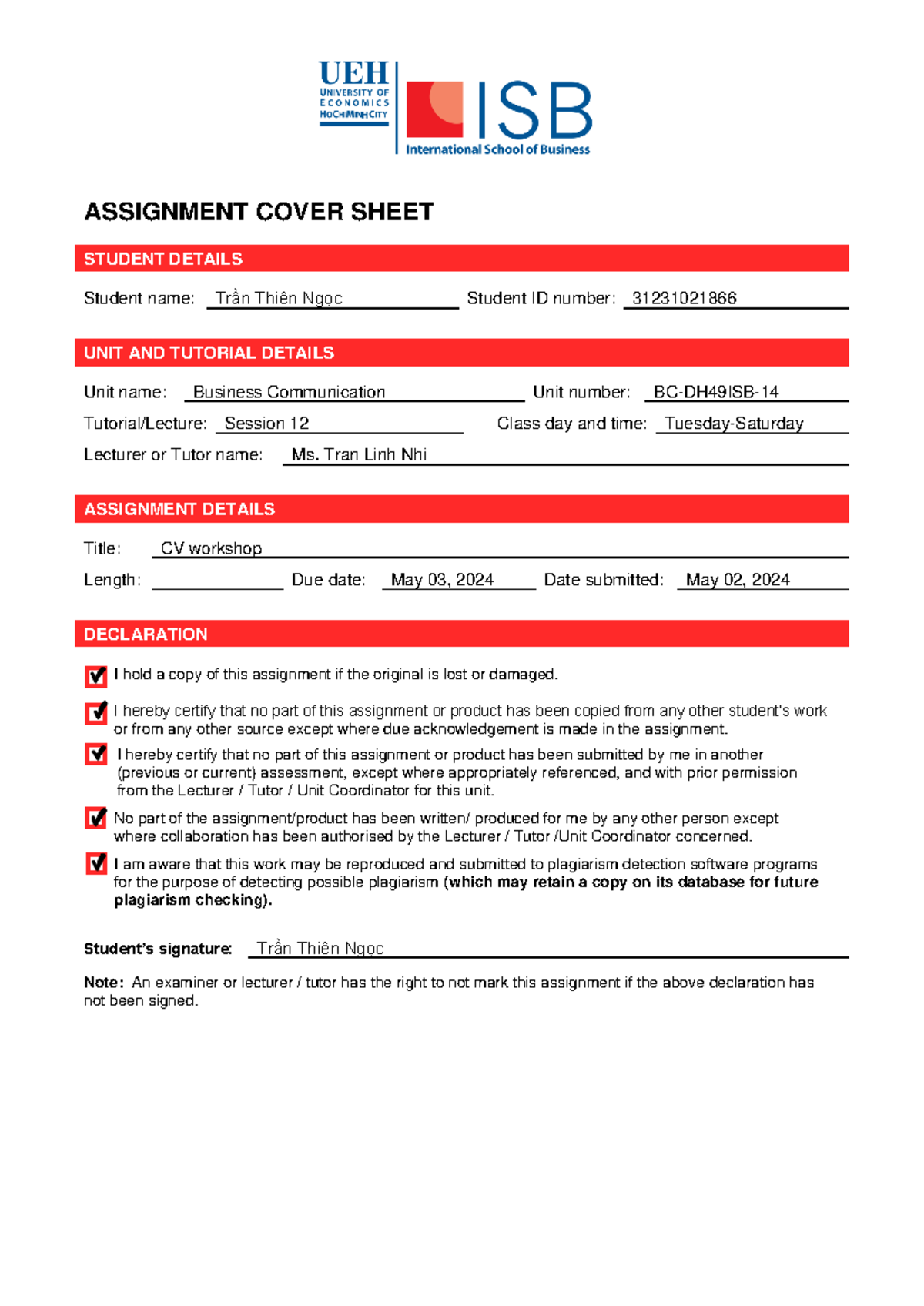 Individual Assignment Cover Sheet ISB CV - ASSIGNMENT COVER SHEET ...