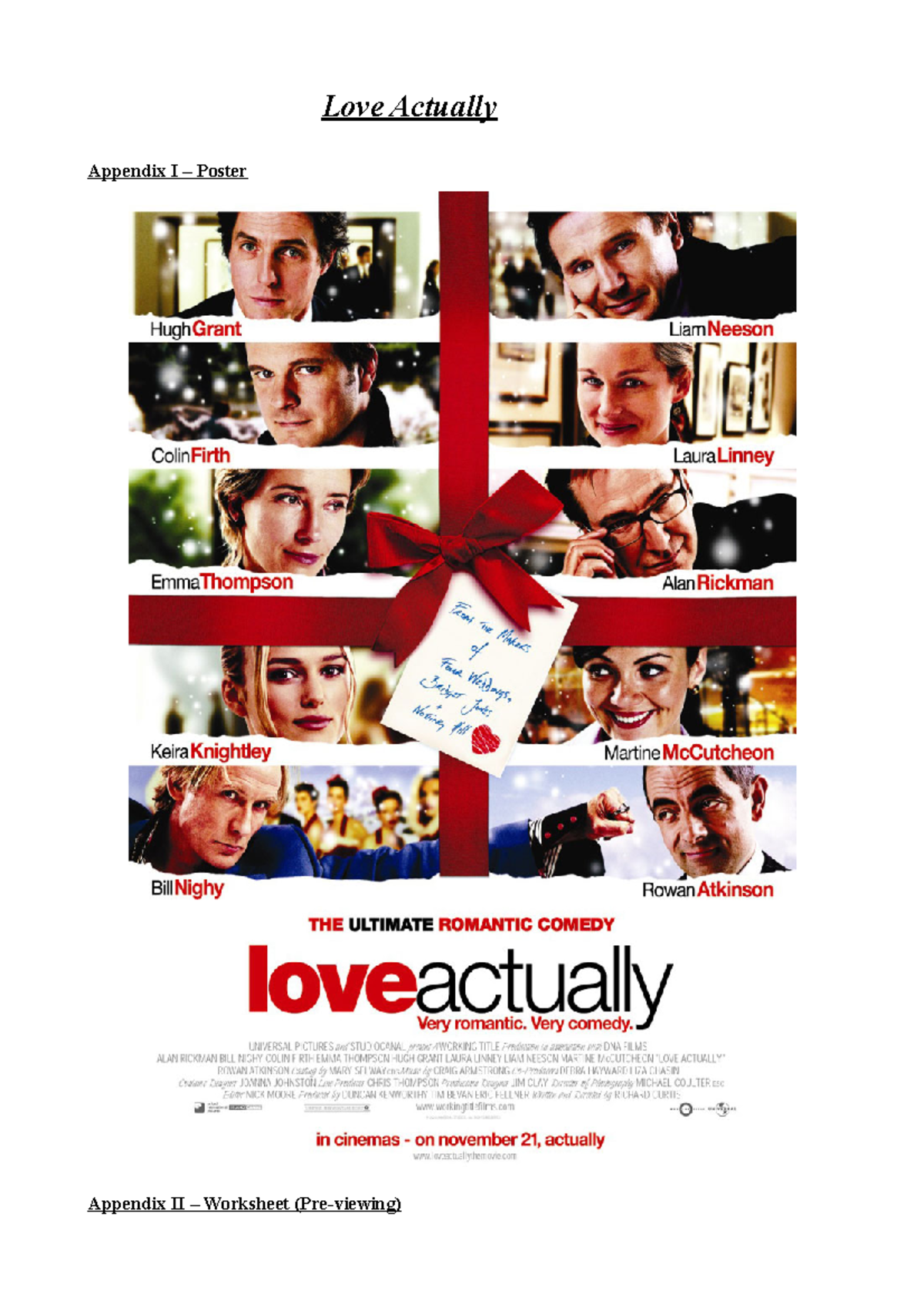 Love-actually-students - Love Actually Appendix I – Poster Appendix II – Worksheet (Pre-viewing ...